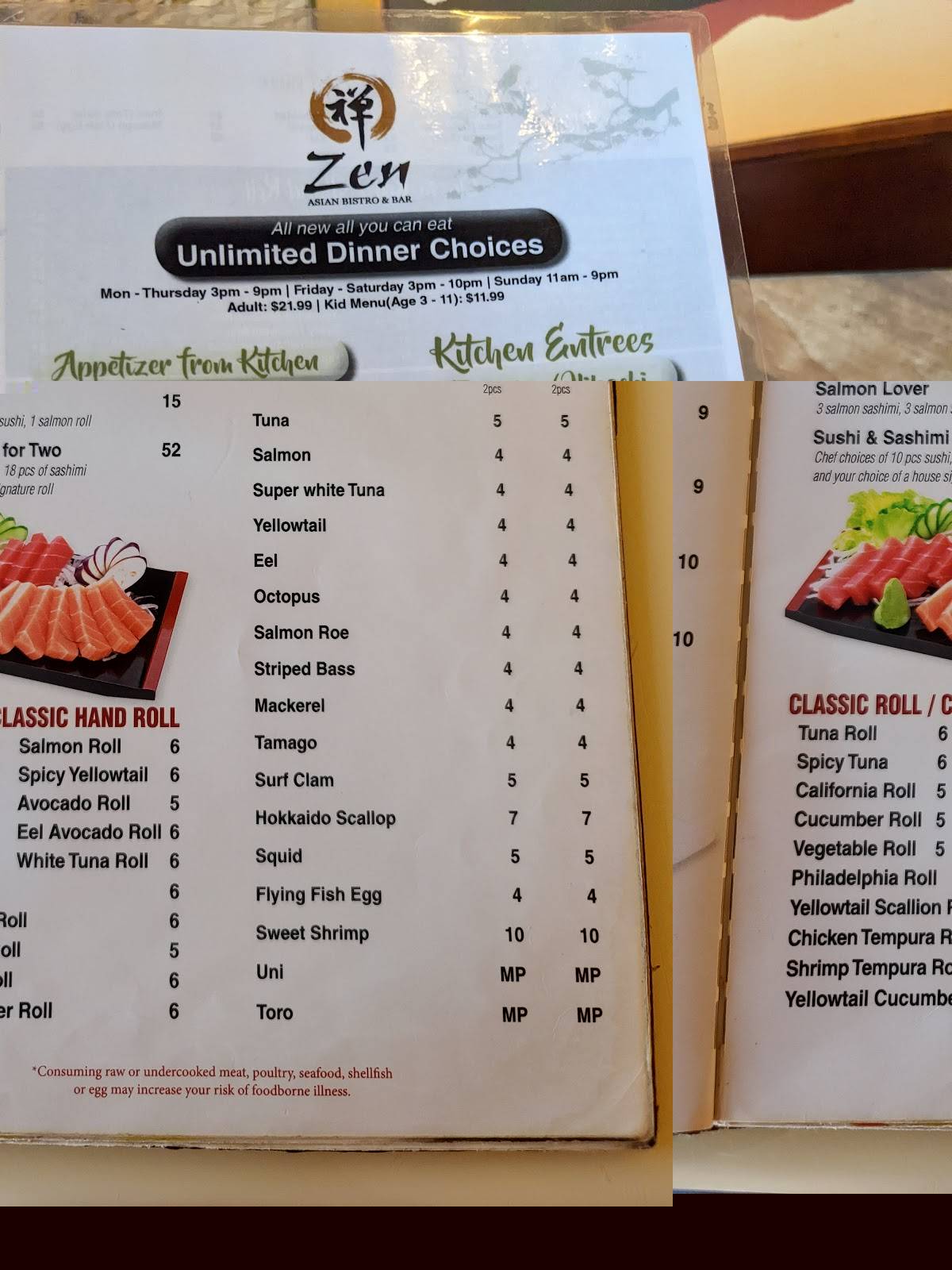 Menu at Zen Asian Bistro and Sushi restaurant, McAllen