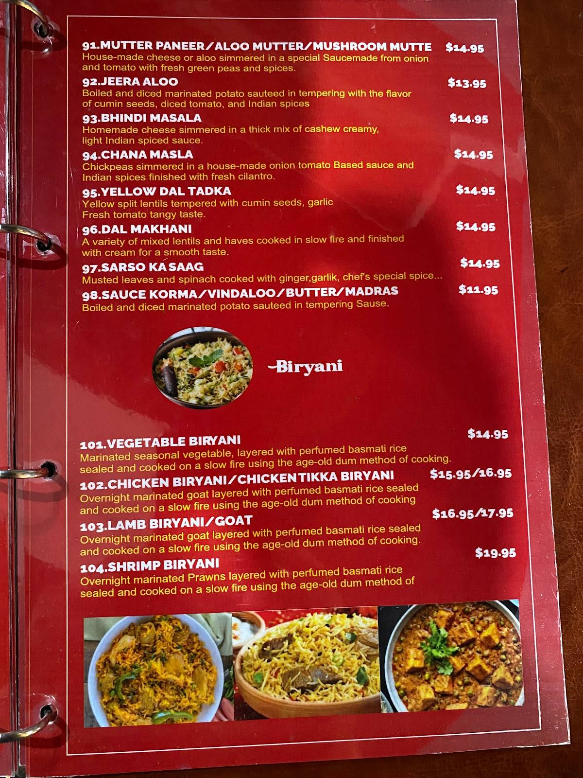 Menu at Mehfil Curry and Kebab restaurant, Calgary