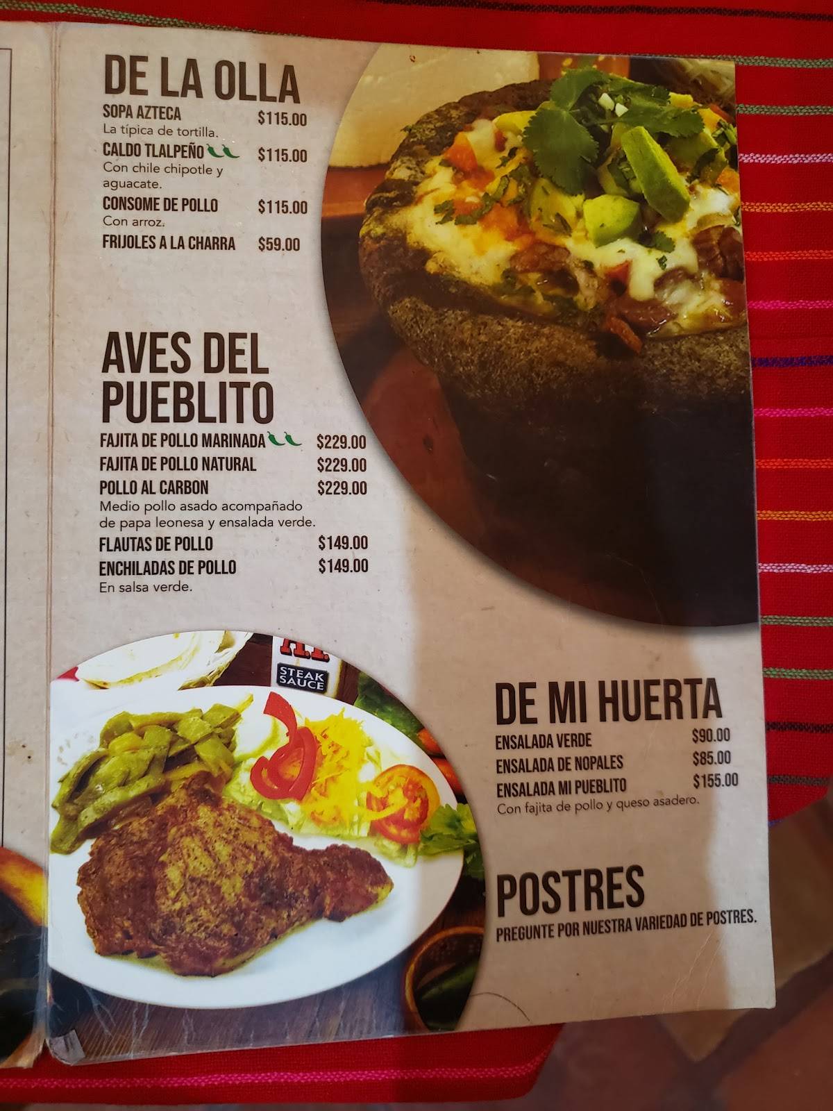 Carta del restaurante Mi Pueblito, Matamoros, C. Cinco 13