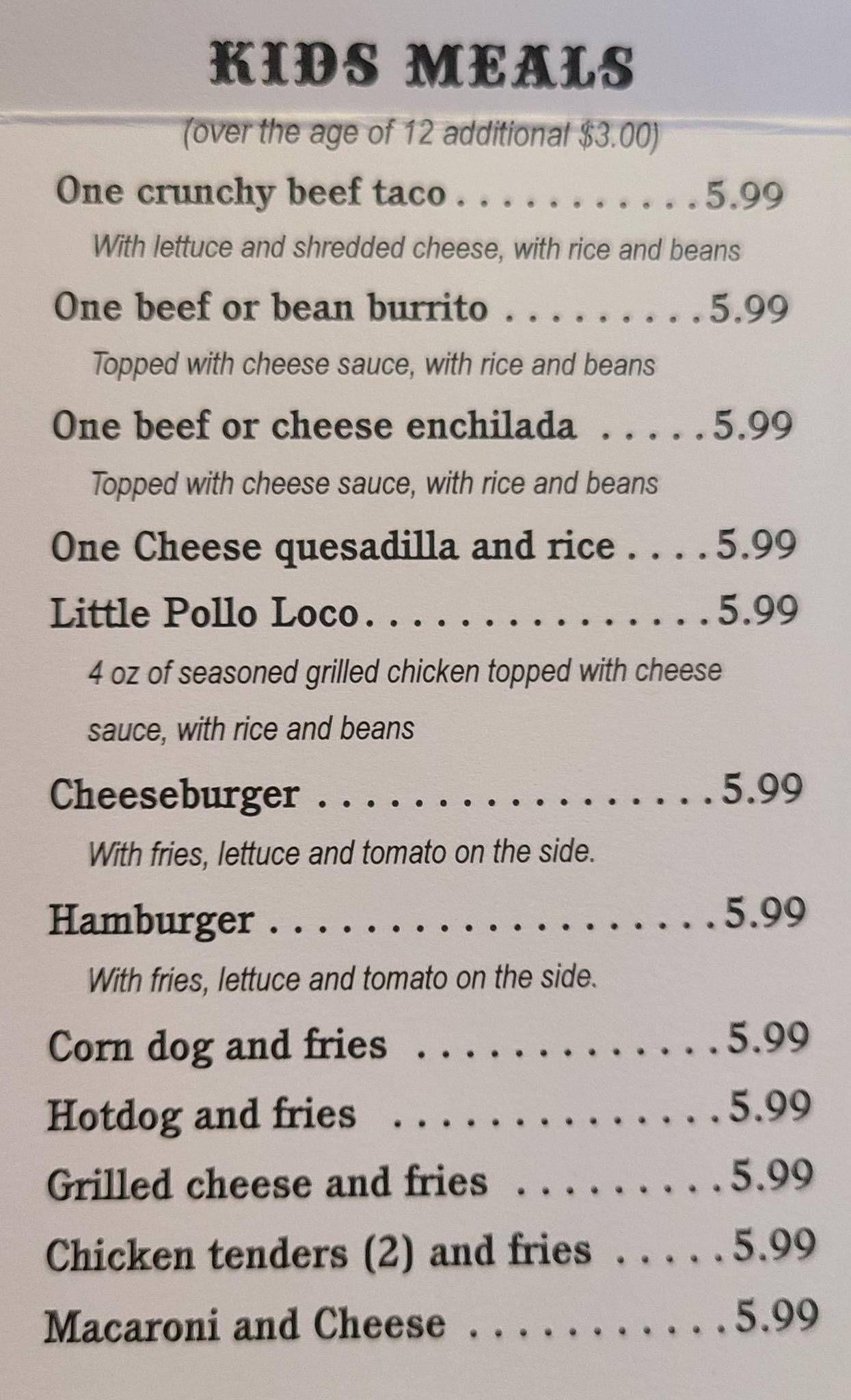 Menu at Mi Torito Carl Junction restaurant, Carl Junction