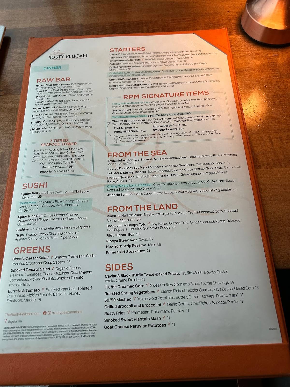 Menu at Rusty Pelican Miami restaurant, Miami, Rickenbacker Cswy