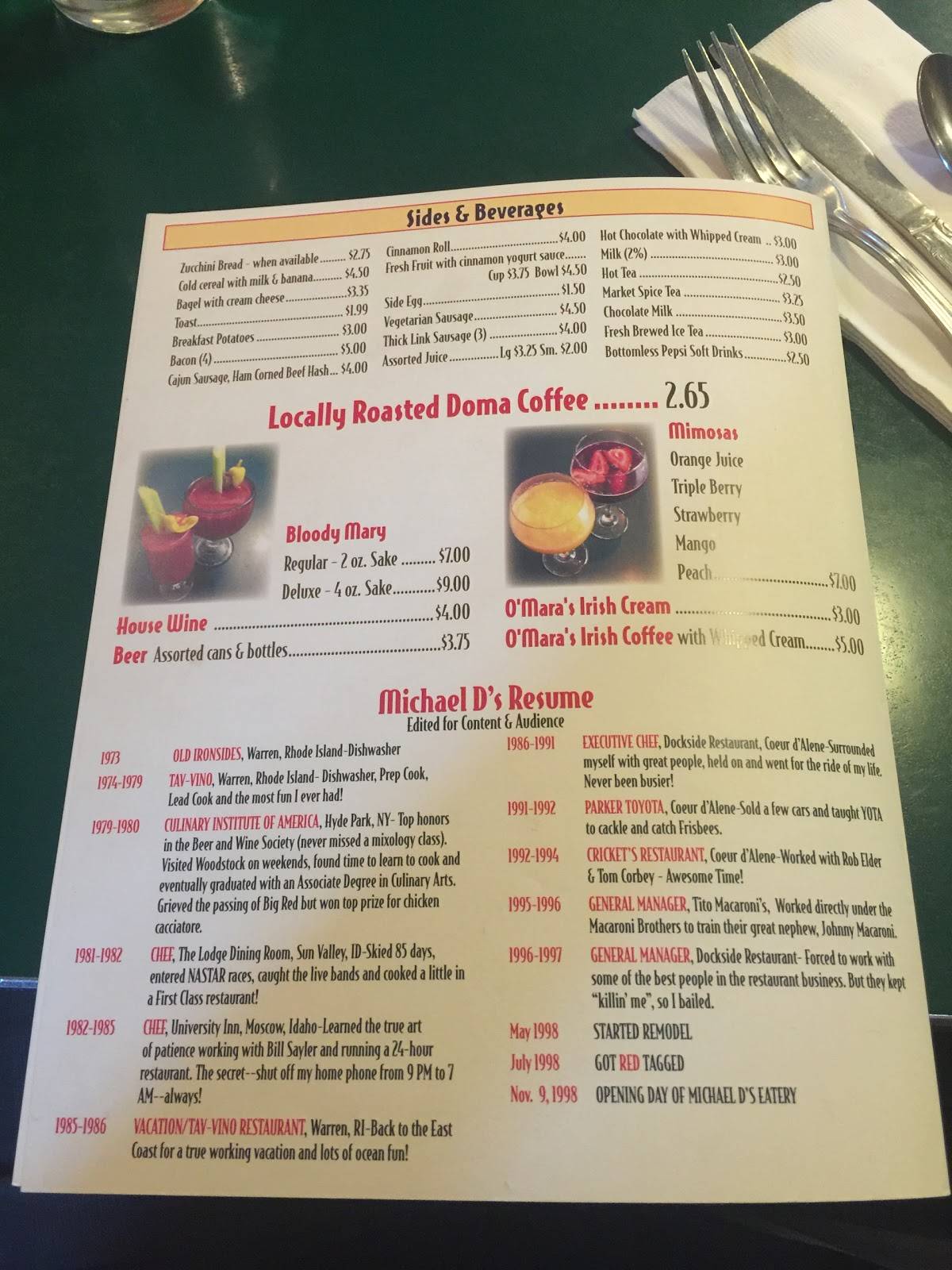 Menu at Michael D's Eatery restaurant, Coeur d'Alene