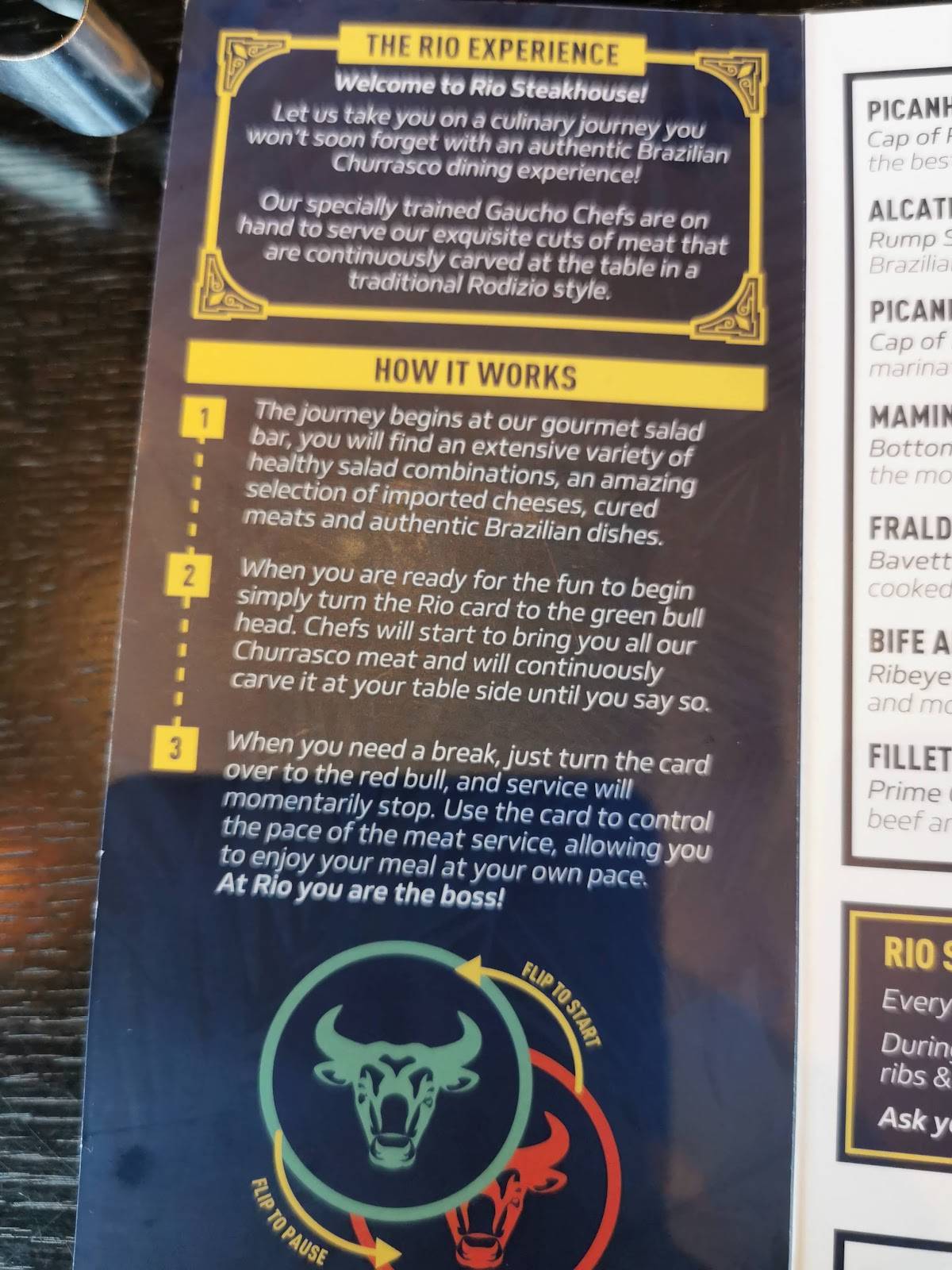 Menu at Rio Brazilian Steakhouse, Middlesbrough