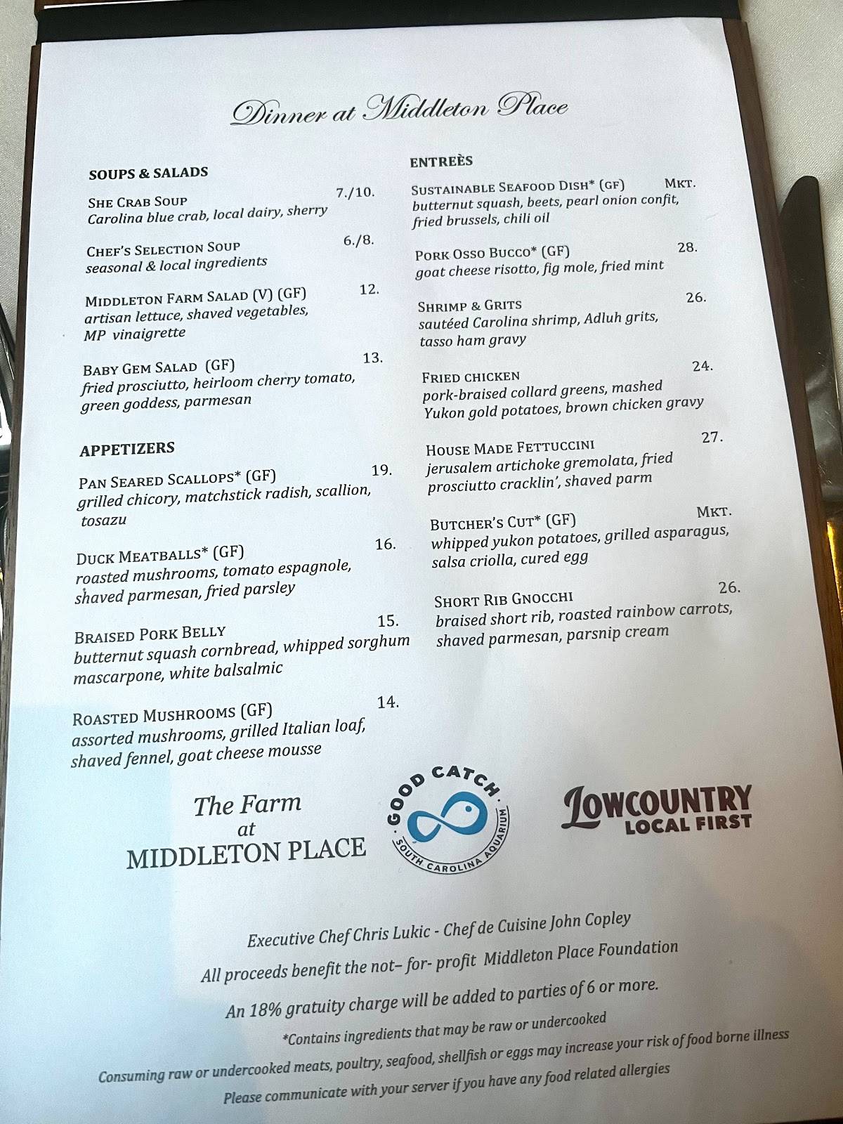 Menu at Middleton Place Restaurant, Charleston