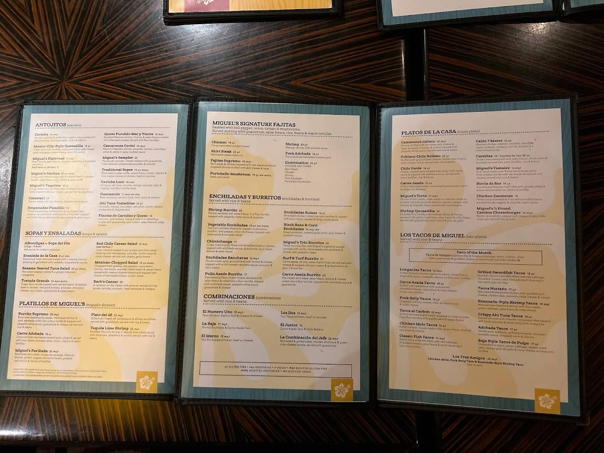 Menu at Miguel's Cocina 4S Ranch restaurant, San Diego, Craftsman Way