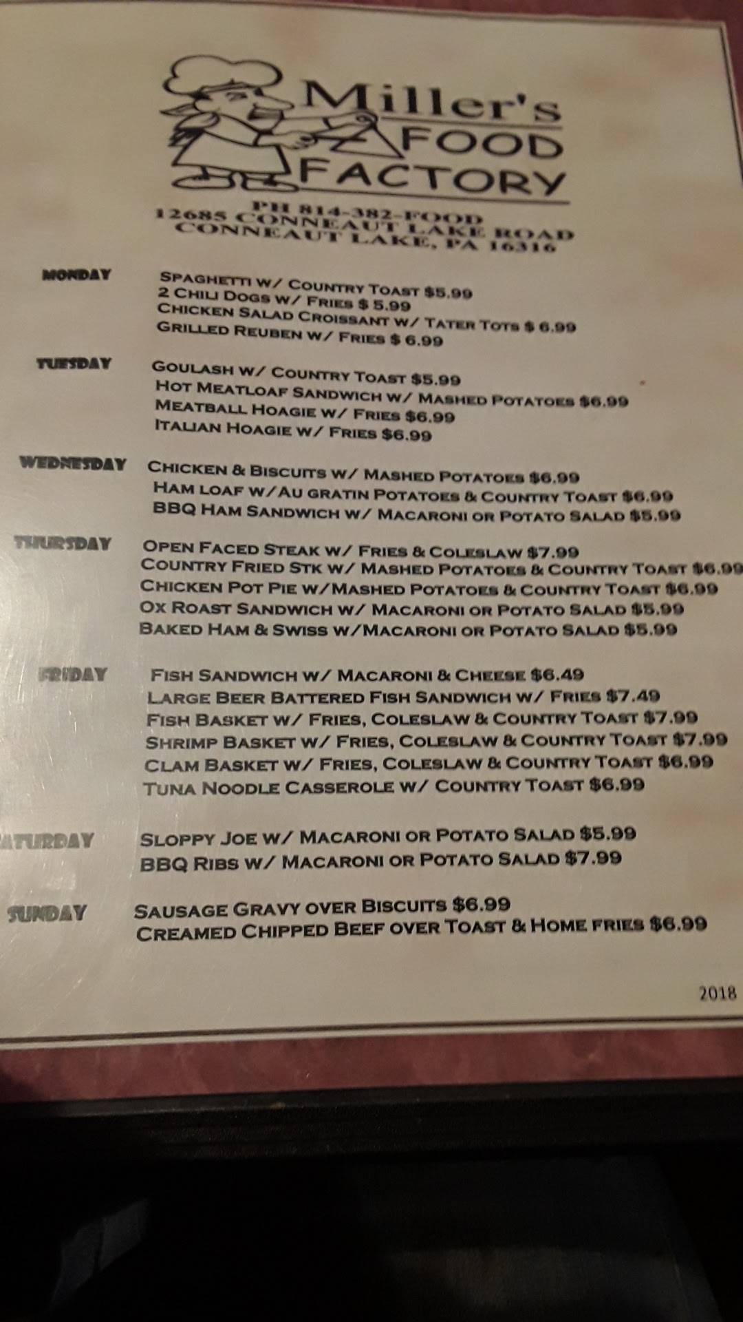 Menu at Miller's Food Factory restaurant, Conneaut Lake
