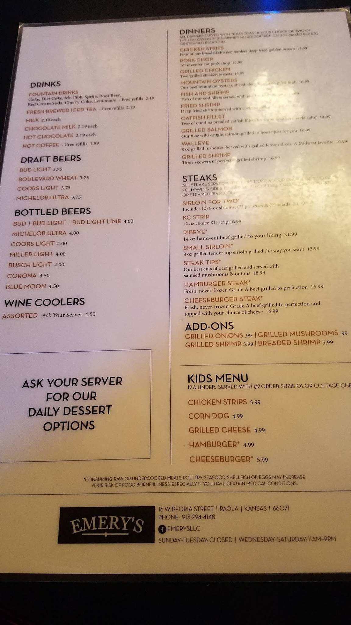 Menu at Milo's Steakhouse, Paola