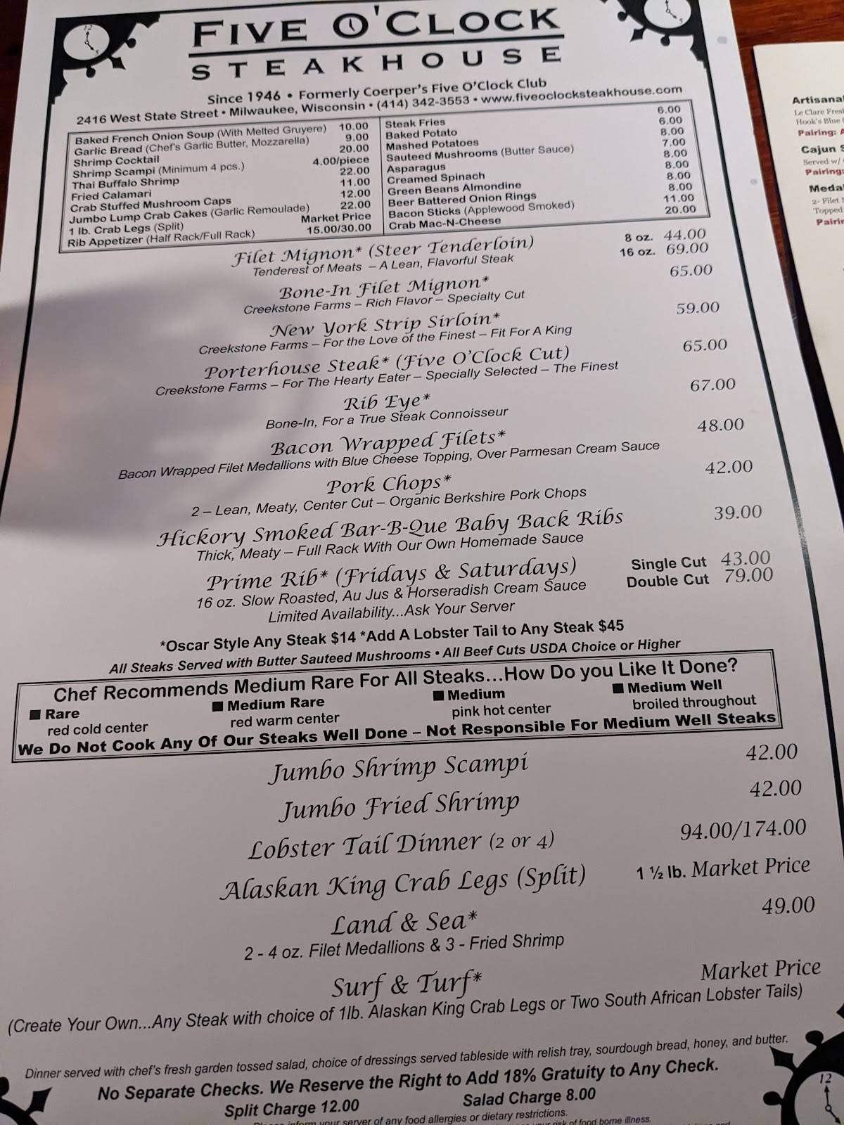 Menu at Five O'Clock Steakhouse, Milwaukee