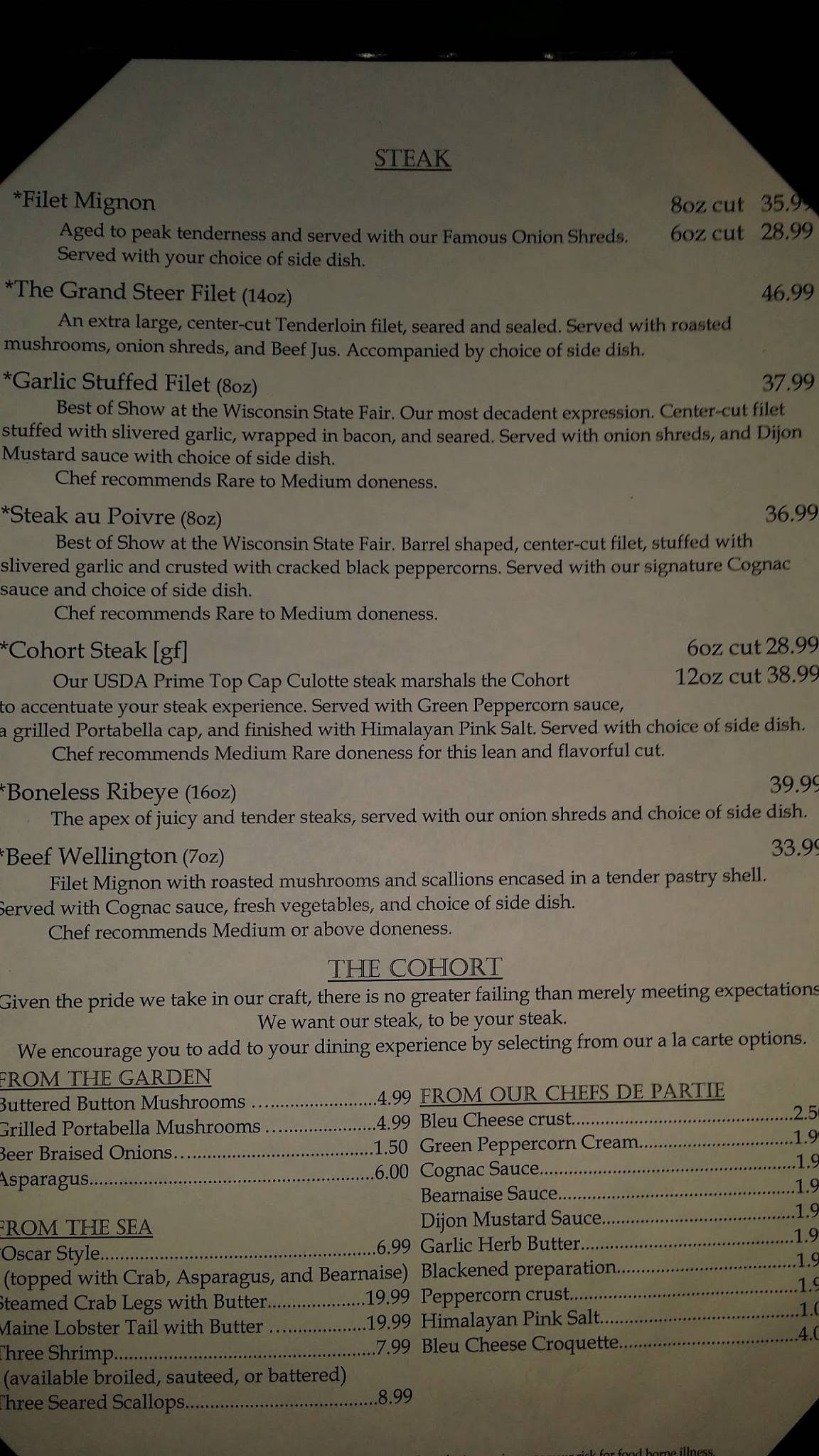 Menu at The Packing House steakhouse, Milwaukee