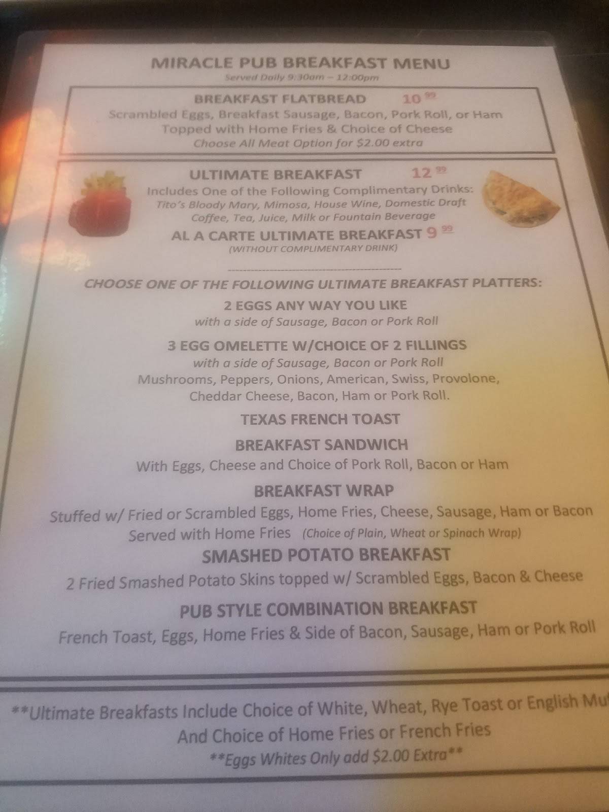 Menu at Miracle Pub, Toms River