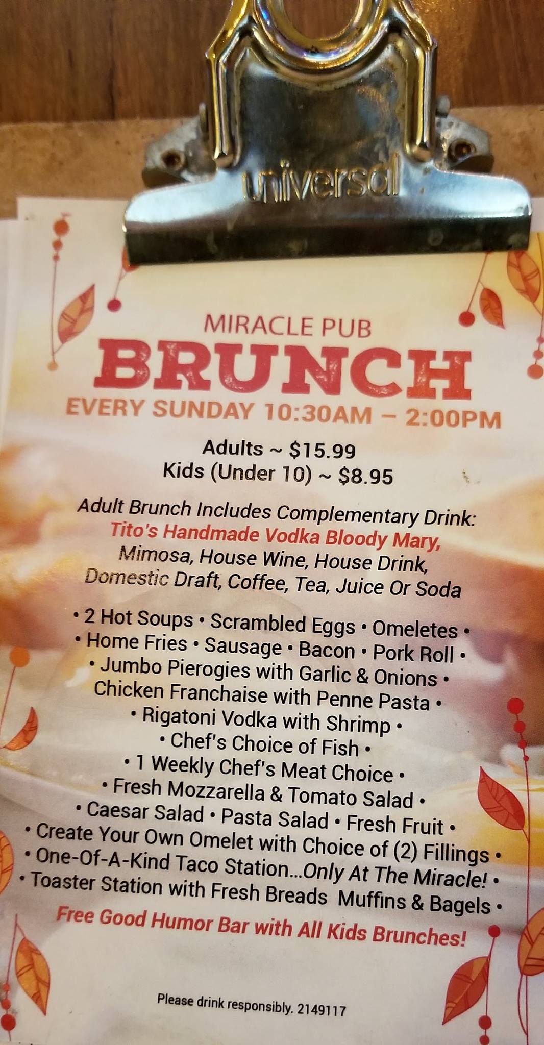 Menu at Miracle Pub, Toms River