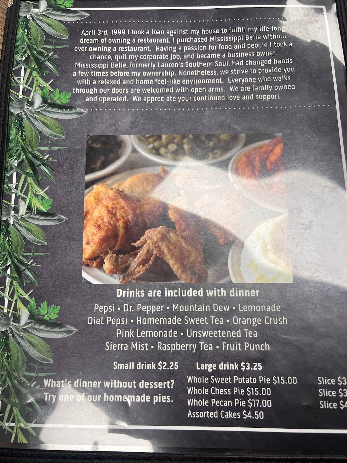 Menu at Mississippi Belle restaurant, Indianapolis