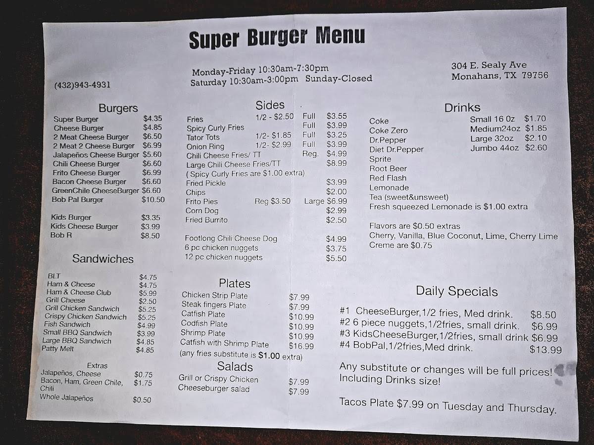 Menu at Super Burger restaurant, Monahans, 304 E Sealy Ave
