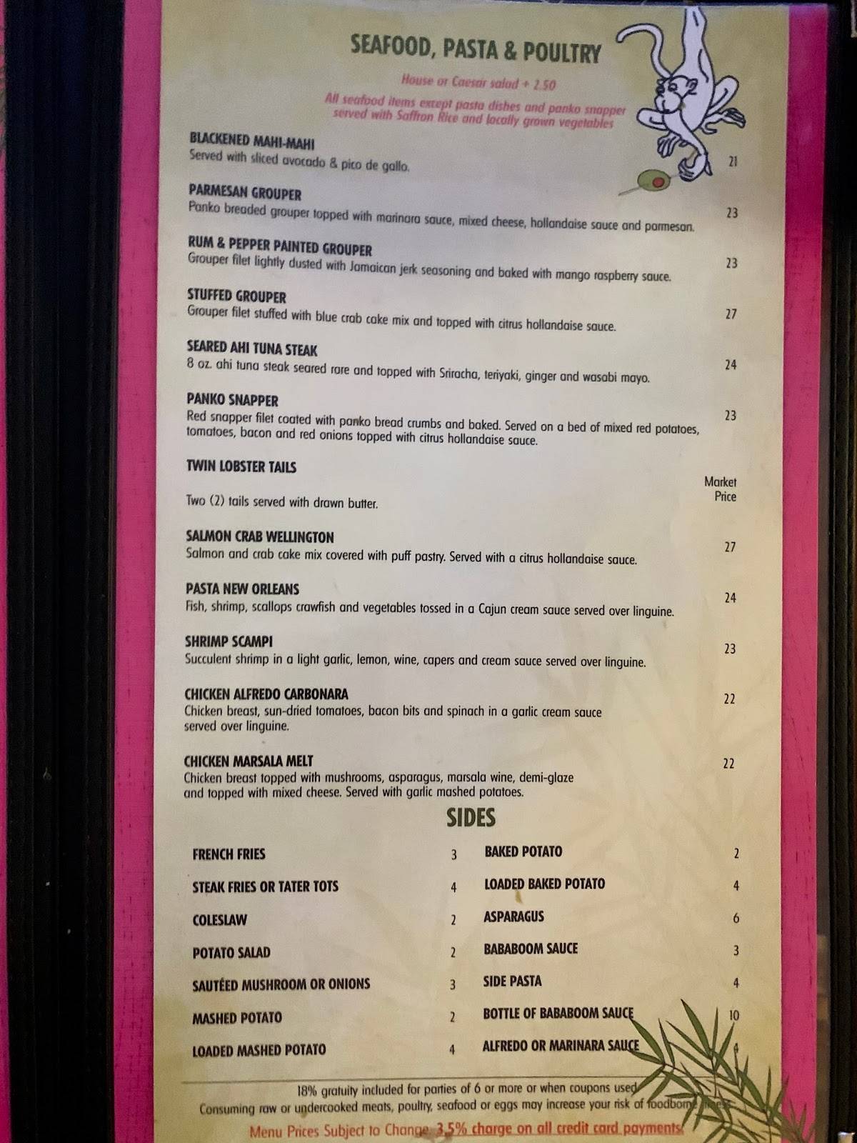 Menu at Monkey Bar Steak & Seafood, Cape Coral