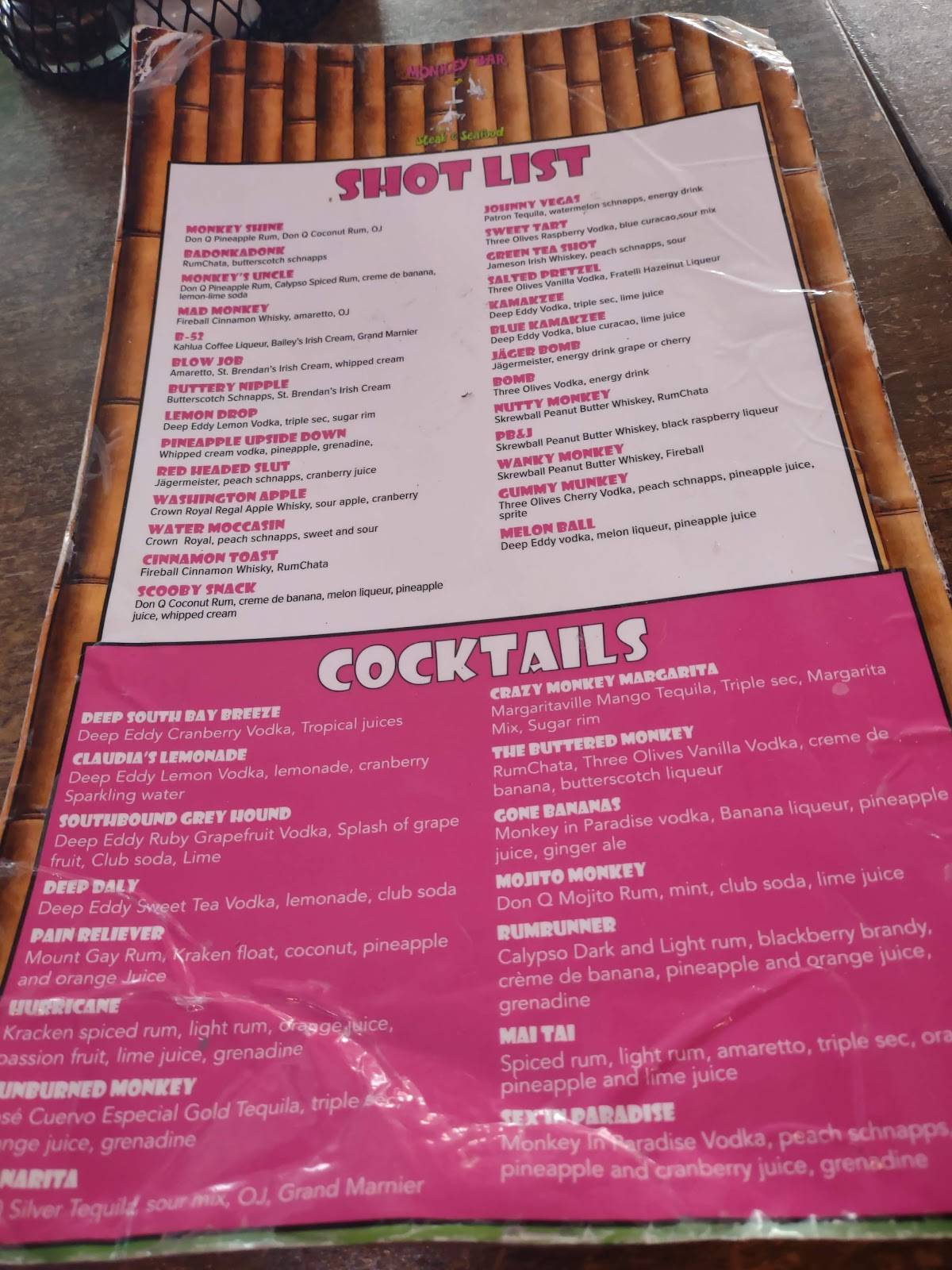 Menu at Monkey Bar Steak & Seafood, Cape Coral