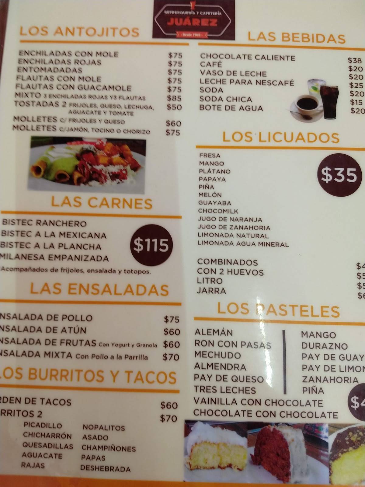 Menu at Refresqueria Juarez Original cafeteria, Monterrey