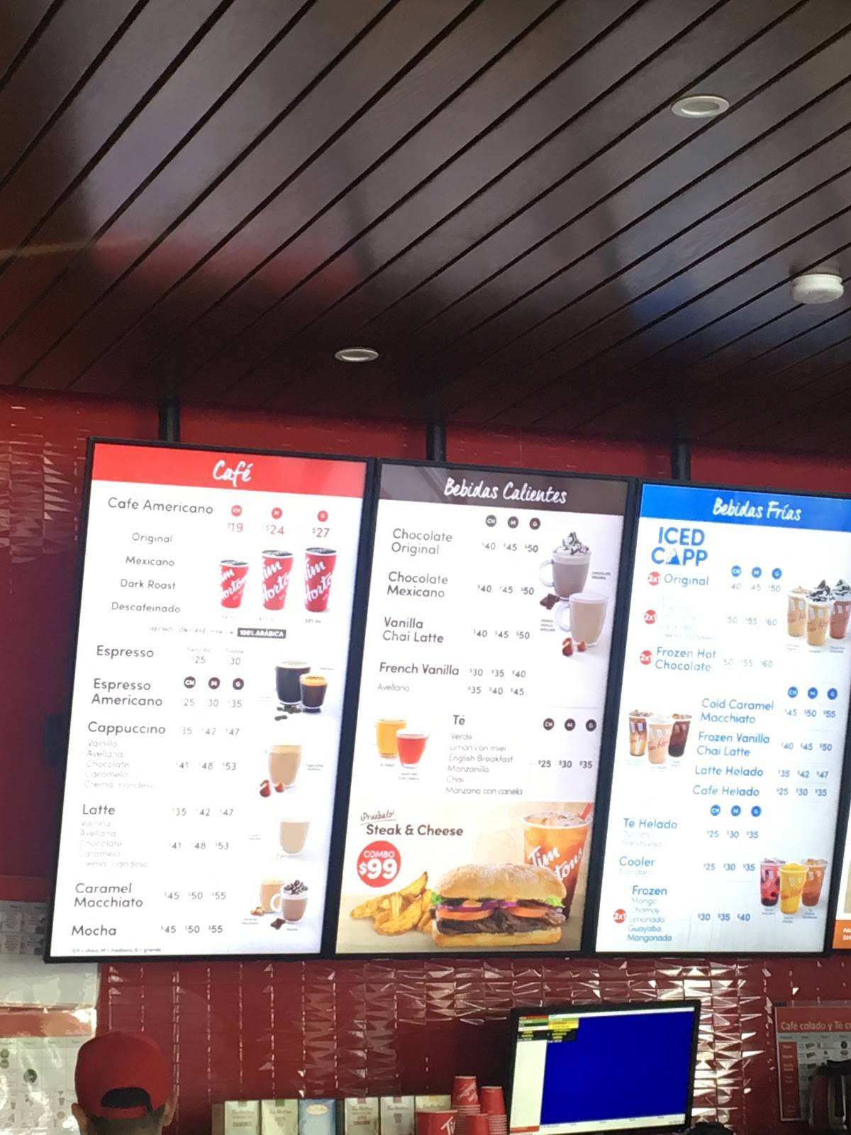 Menu at Tim Hortons cafeteria, Monterrey, Av. Eugenio Garza Sada 3820