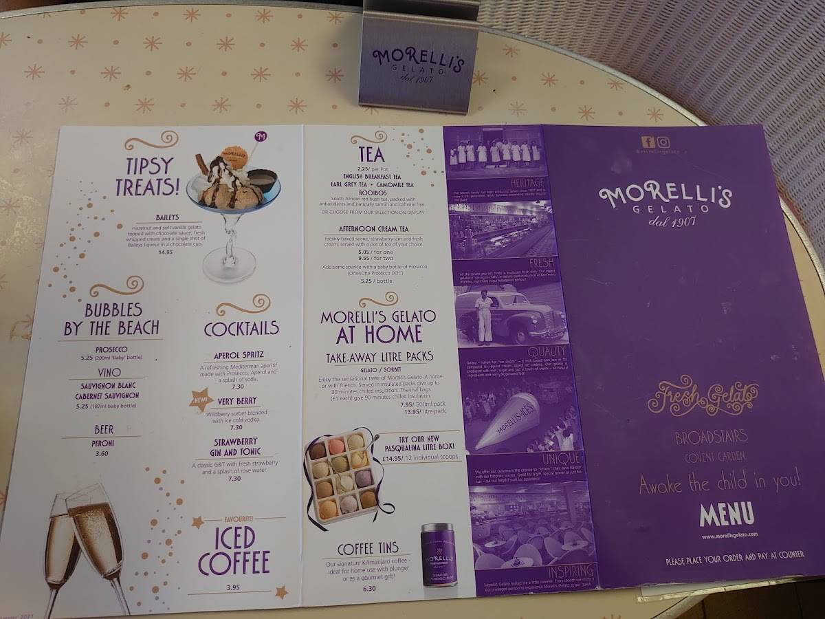 Menu at Morelli's Gelato cafe, Broadstairs