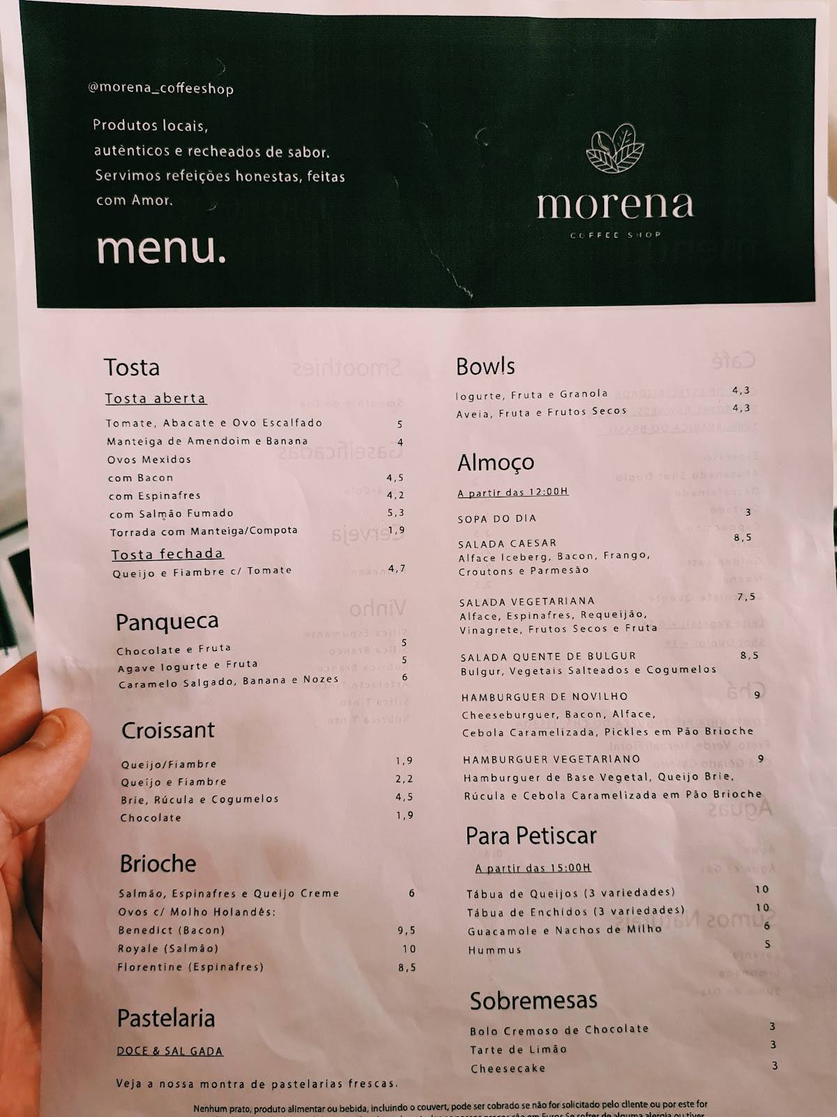 Menu at Morena Coffee Shop cafeteria, Grândola