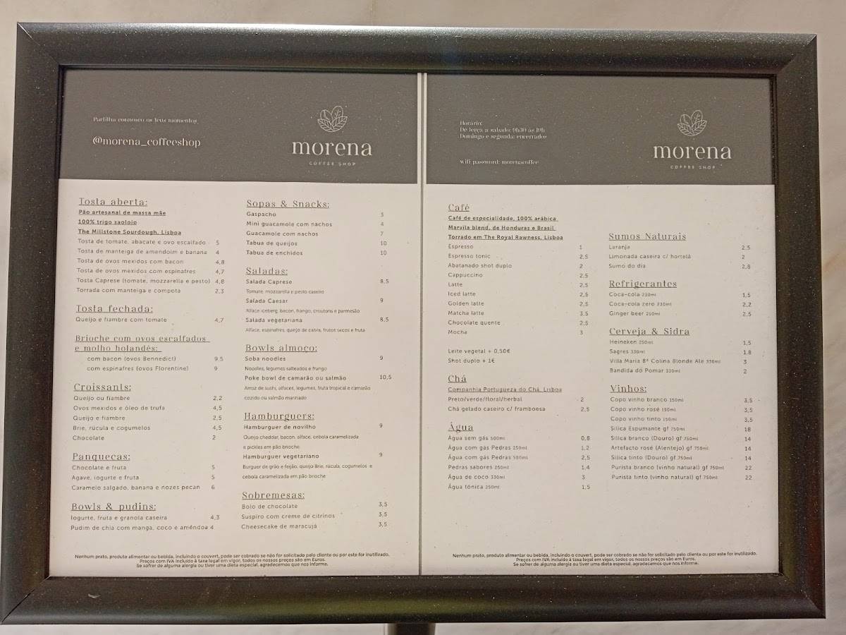 Menu at Morena Coffee Shop cafeteria, Grândola