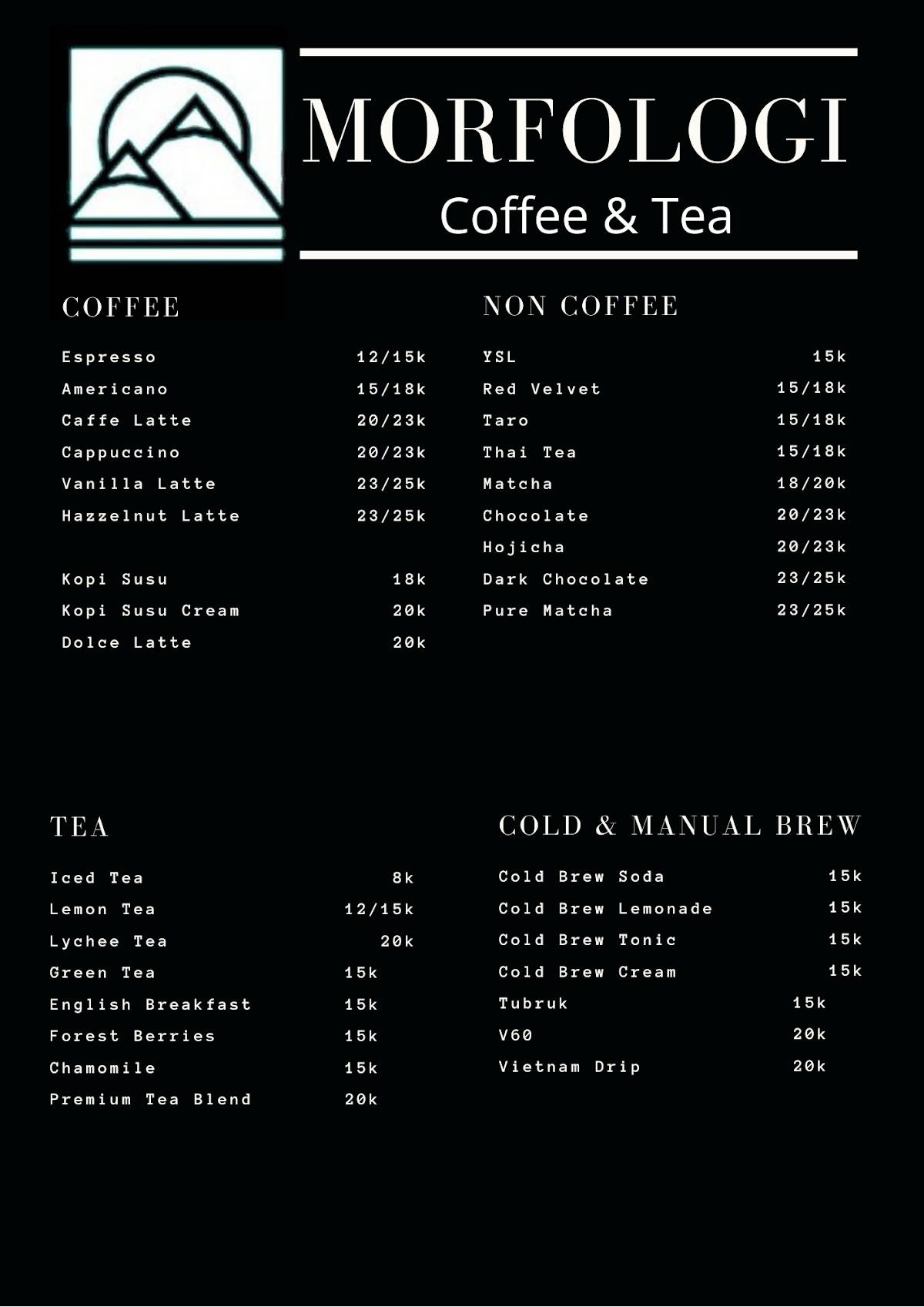 Menu at Morfologi Coffee cafe, Bukittinggi