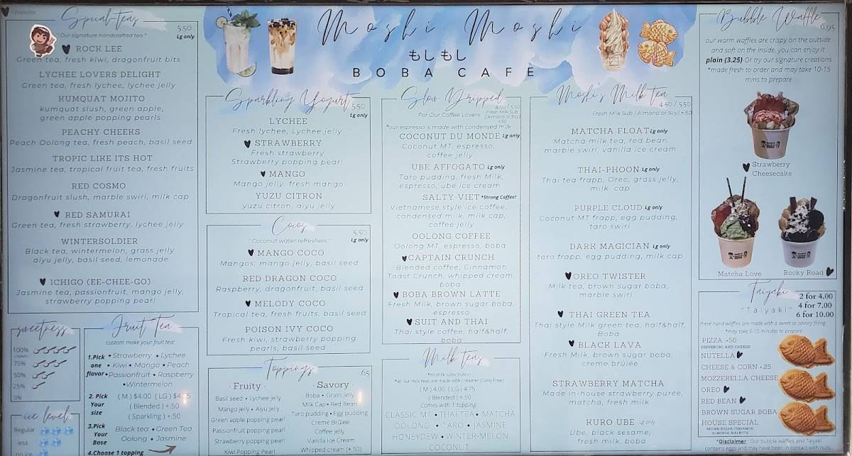 Menu at Moshi Moshi Boba Cafe, Greensboro