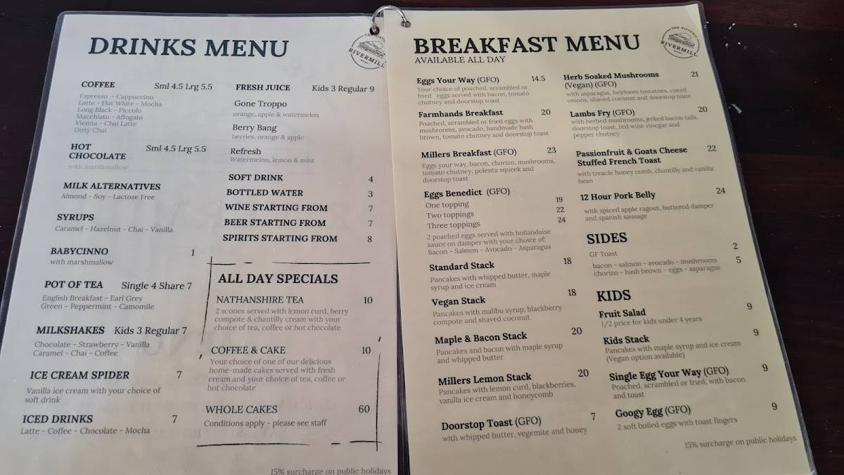 Menu at Historic Rivermill cafe, Mount Nathan, 950 Beaudesert Nerang Rd