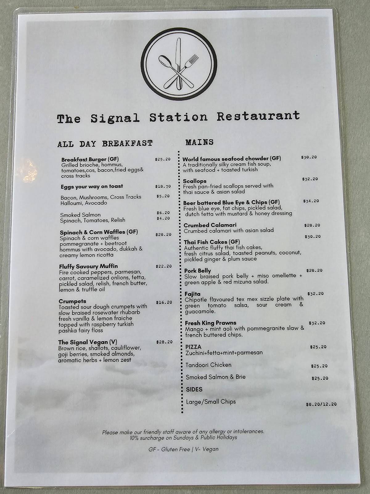 Menu at The Signal Station Restaurant, Mount Nelson