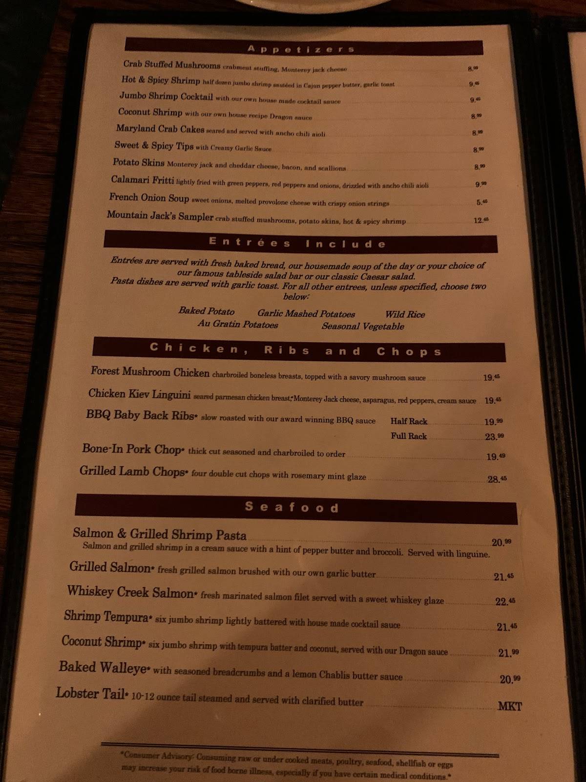 Menu at Mountain Jacks Steakhouse, Lafayette