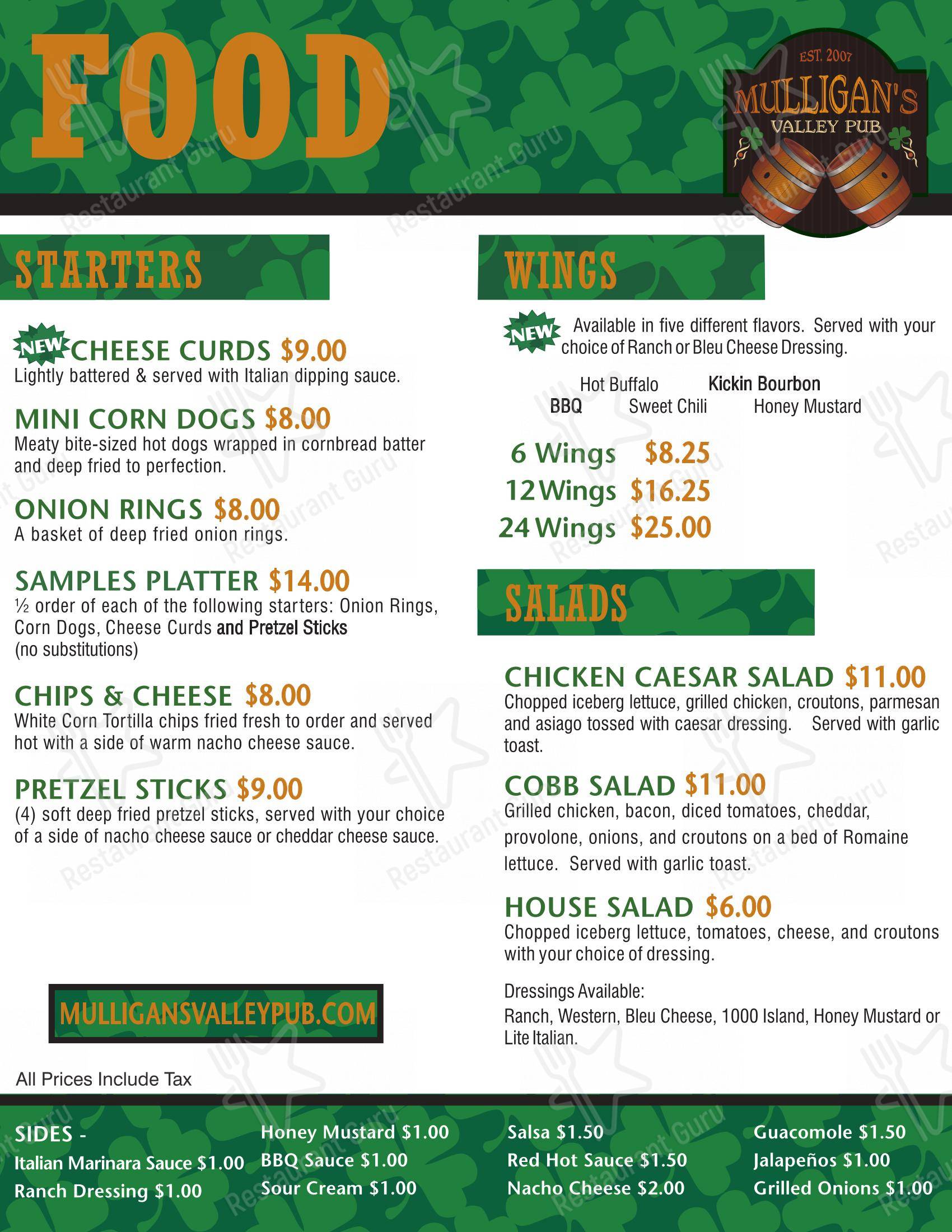 Menu at Mulligan's Valley Pub, Coal Valley