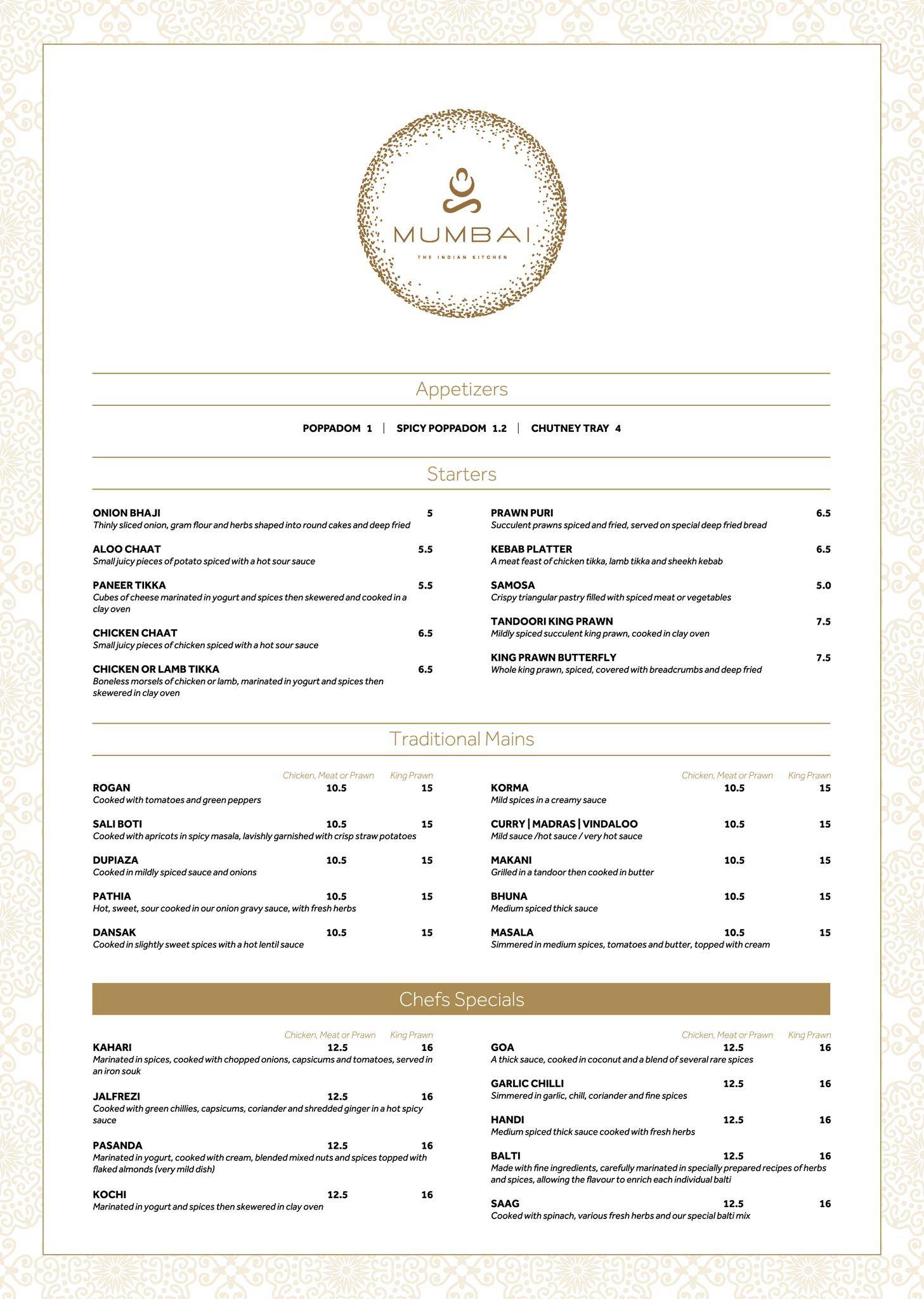 Menu at Mumbai Indian Kitchen restaurant, Mayals, Mill Ln