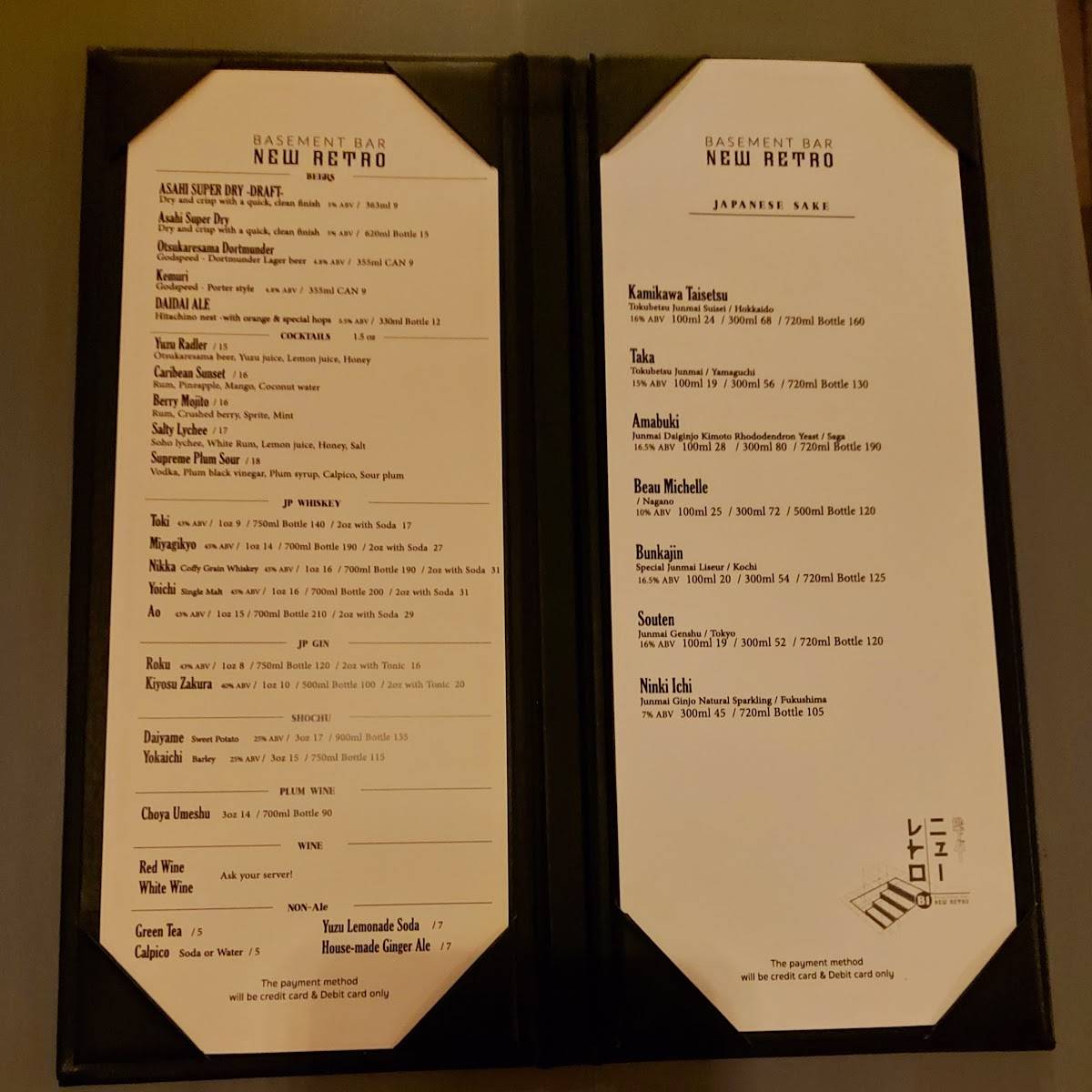 Menu at NEW RETRO - BASEMENT BAR, Toronto