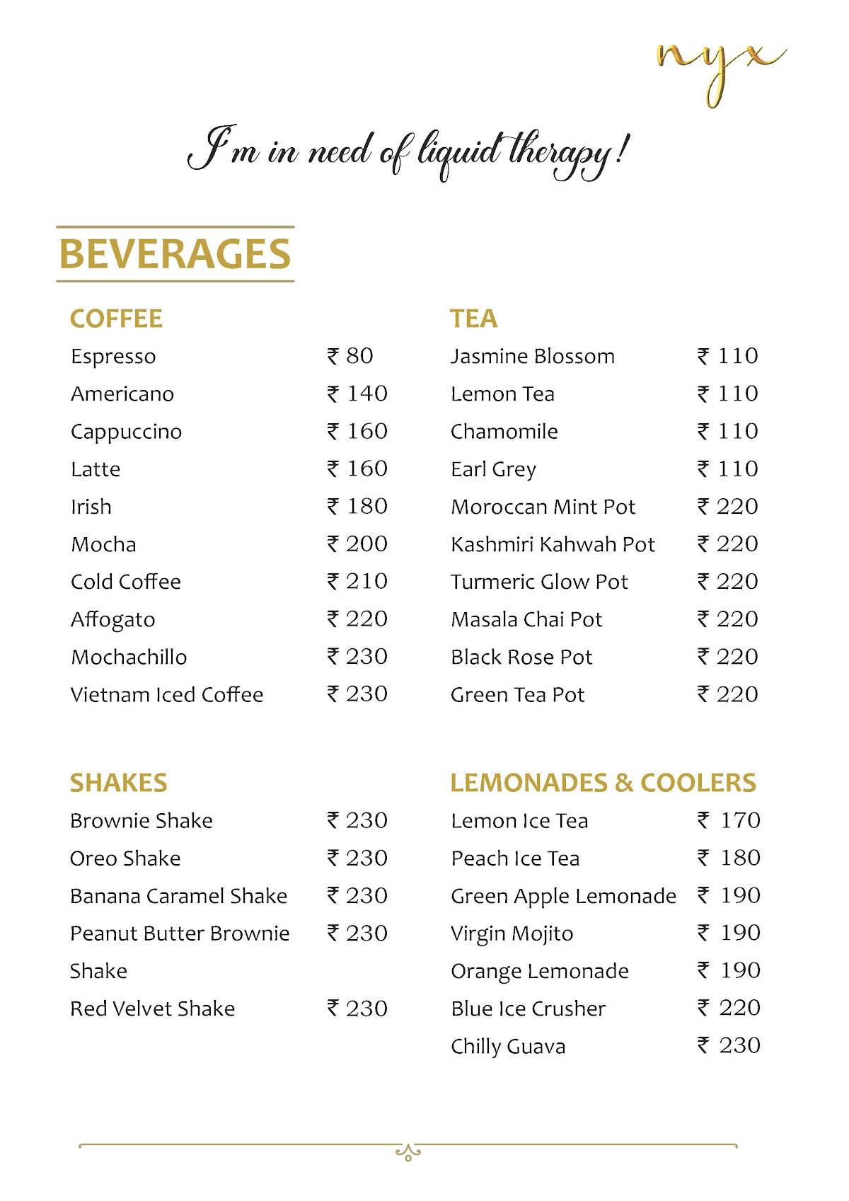 Menu at NYX Lounge Cafe, Bengaluru