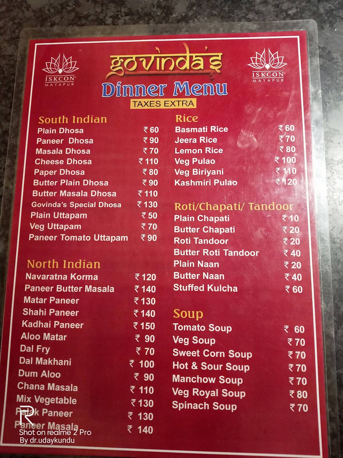 Menu at Govinda's, Mayapur, C9FR+G57