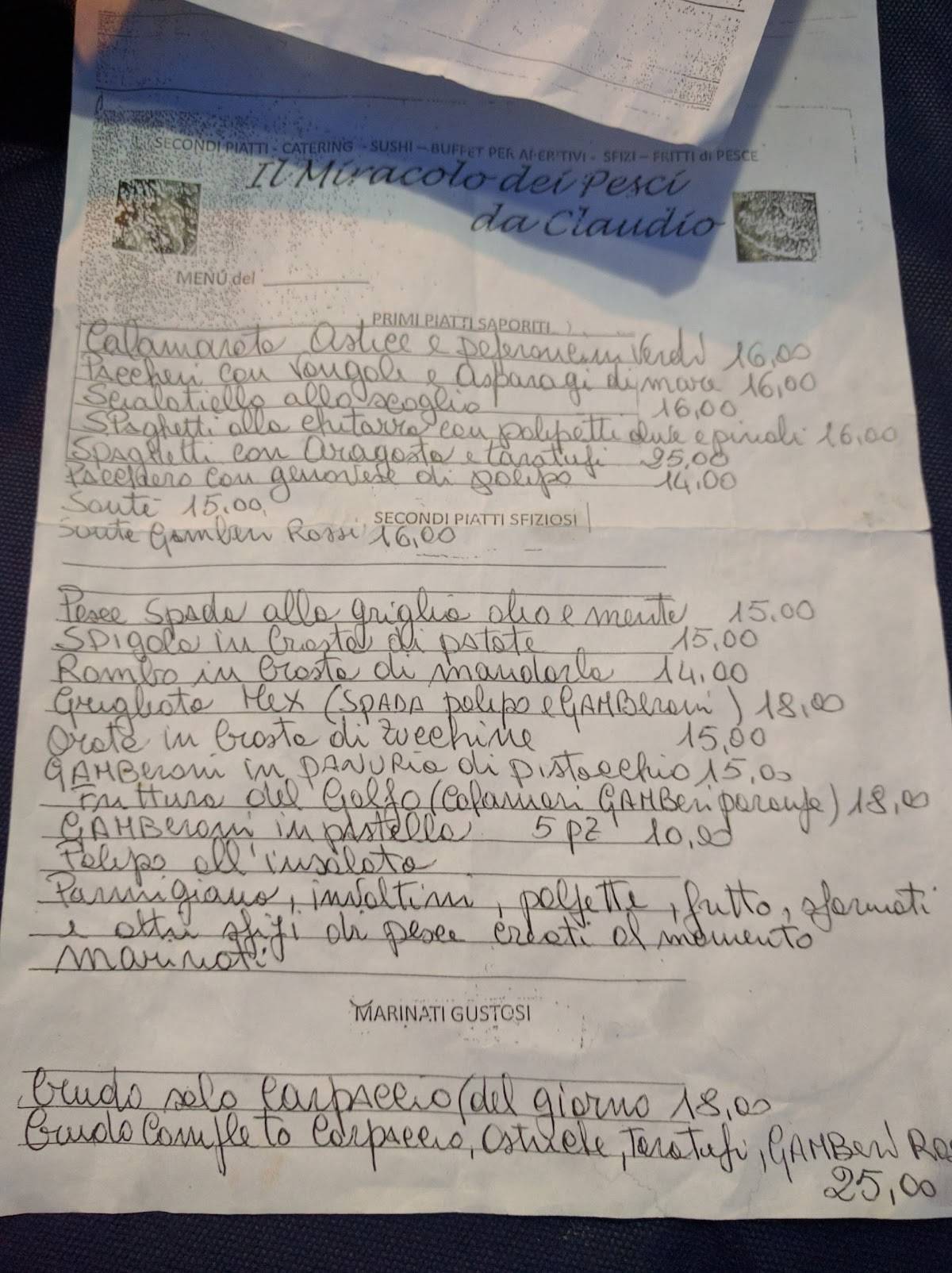 Menu da Il Miracolo dei Pesci ristorante, Napoli
