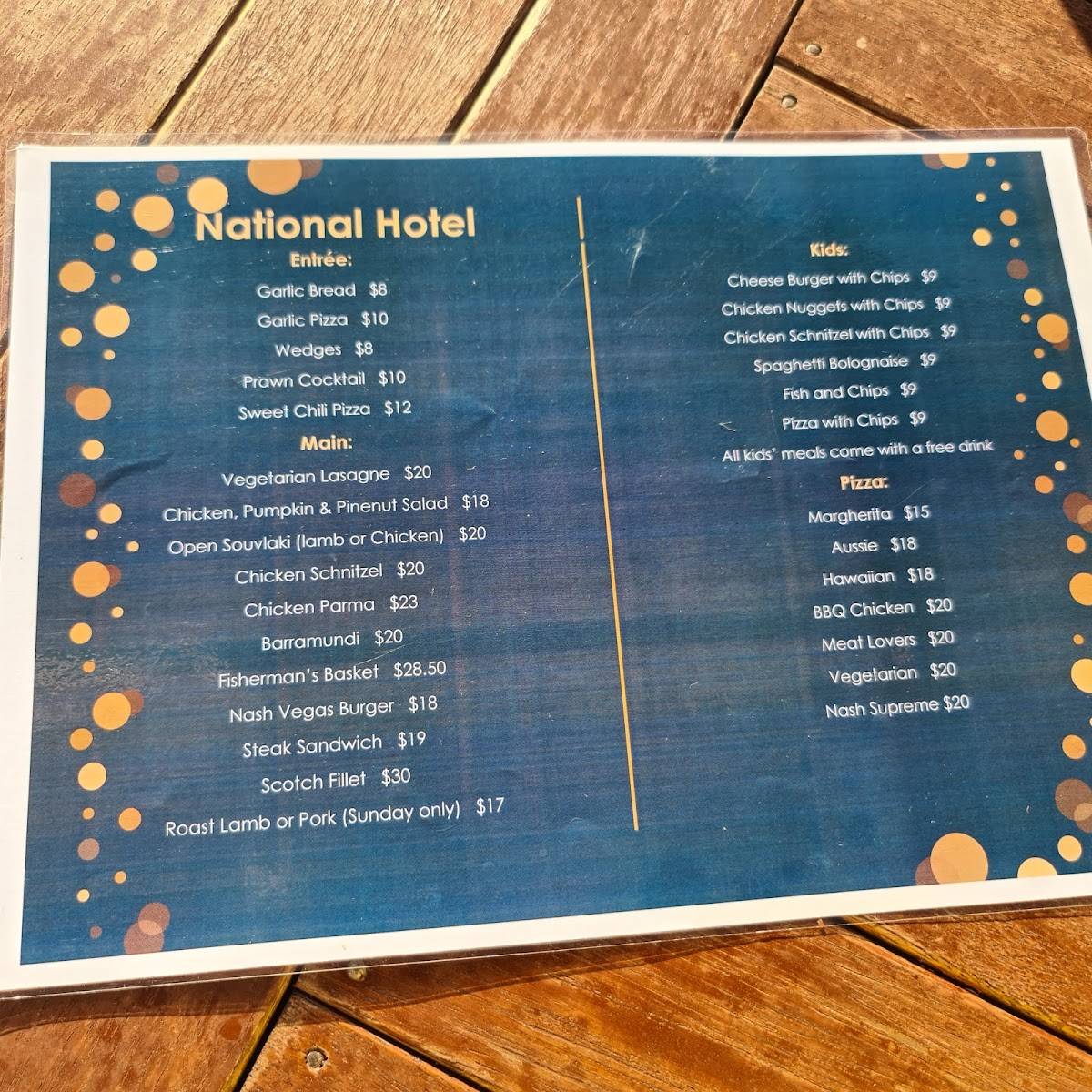 Menu at National Hotel pub & bar, Clunes