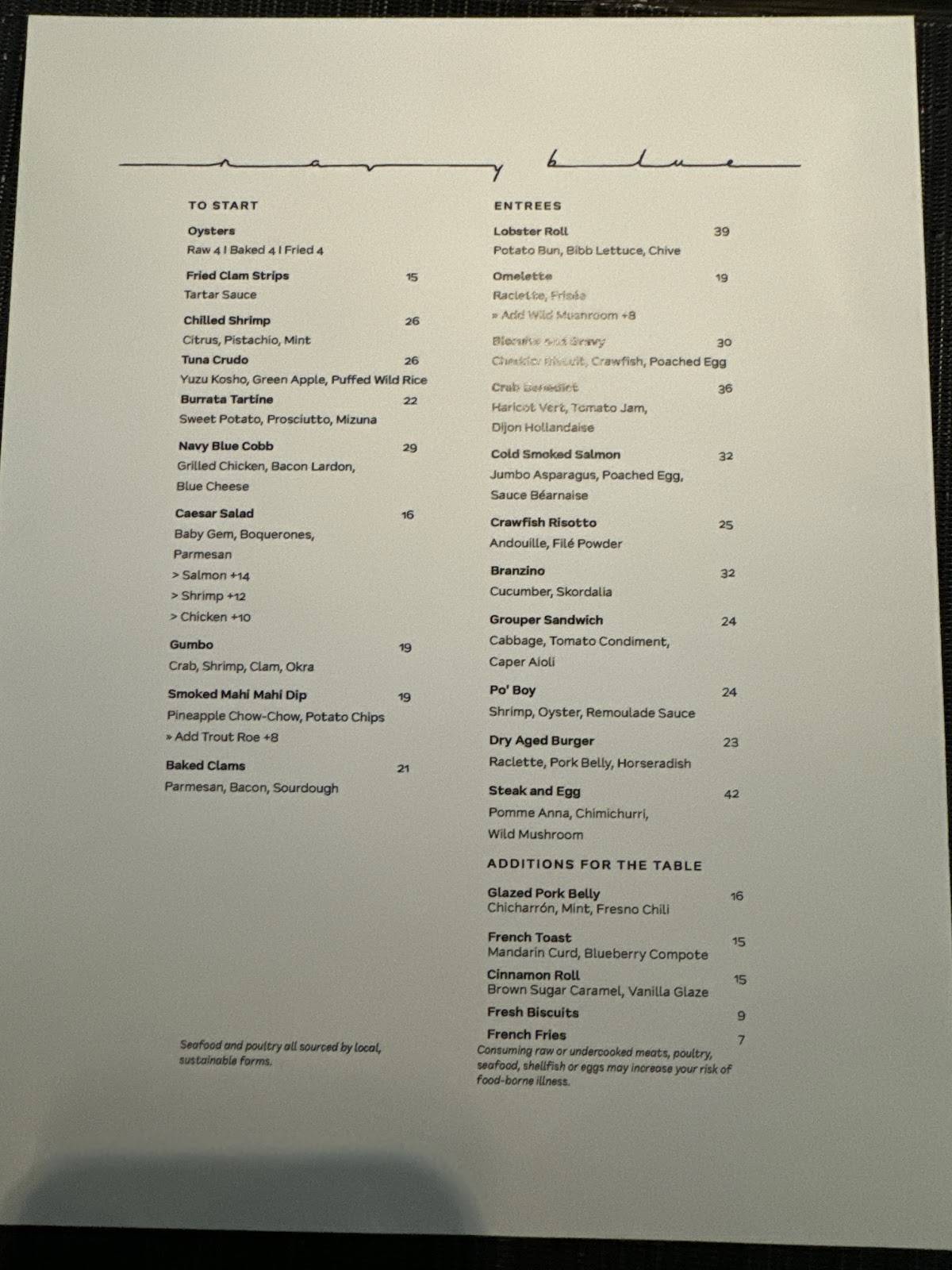 Menu at Navy Blue restaurant, Houston