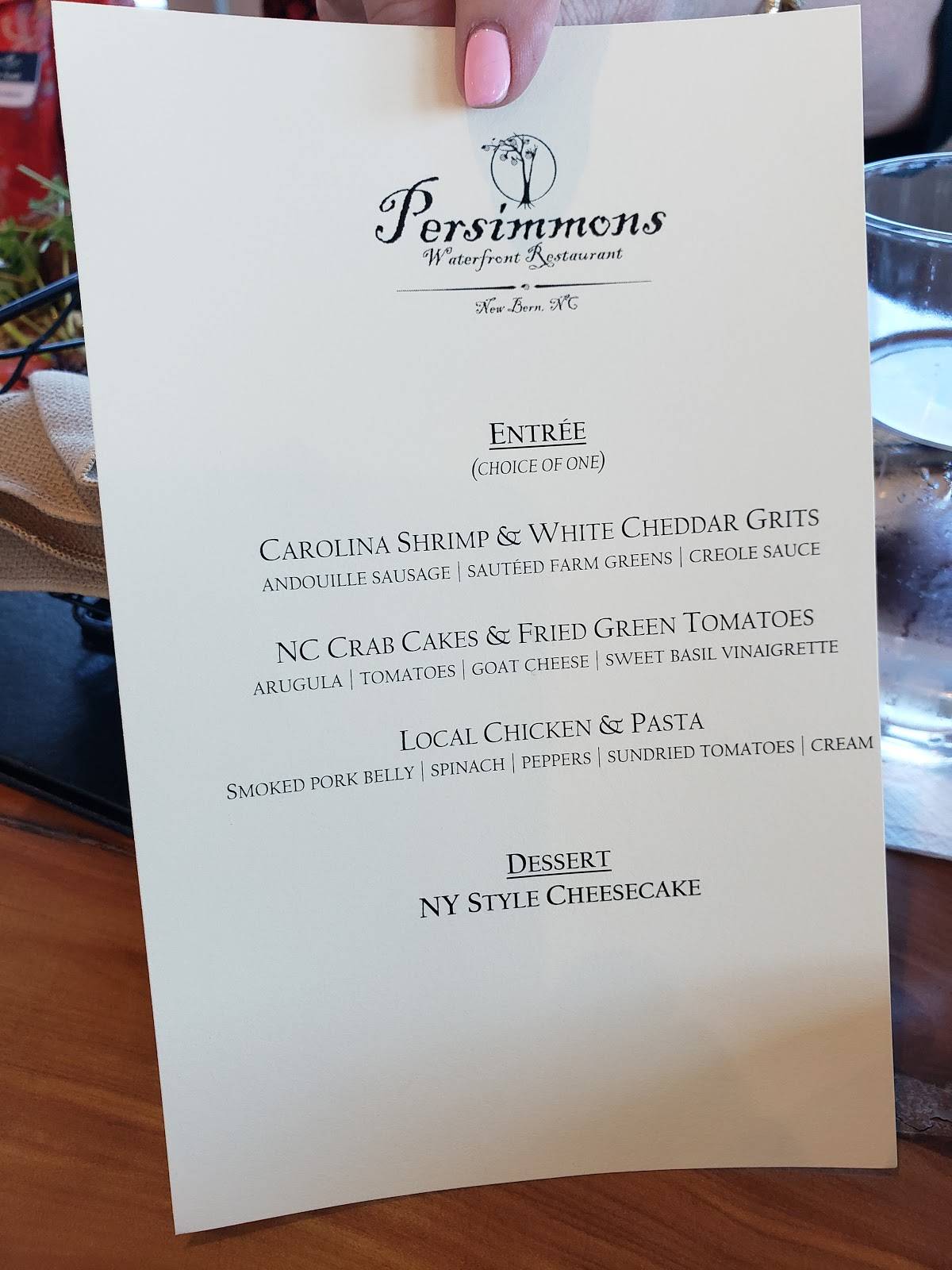 Menu at Persimmons Waterfront Restaurant, New Bern