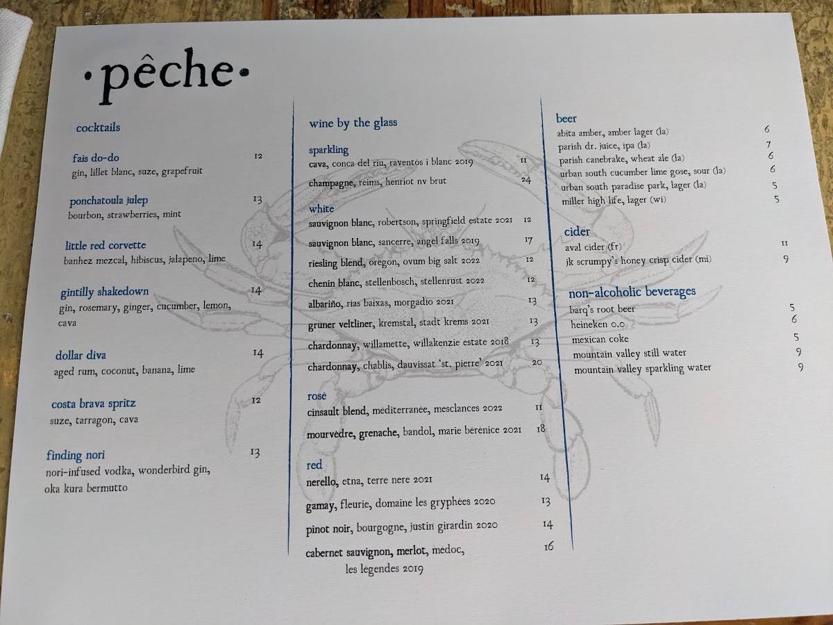 Menu at Pêche Seafood Grill restaurant, New Orleans