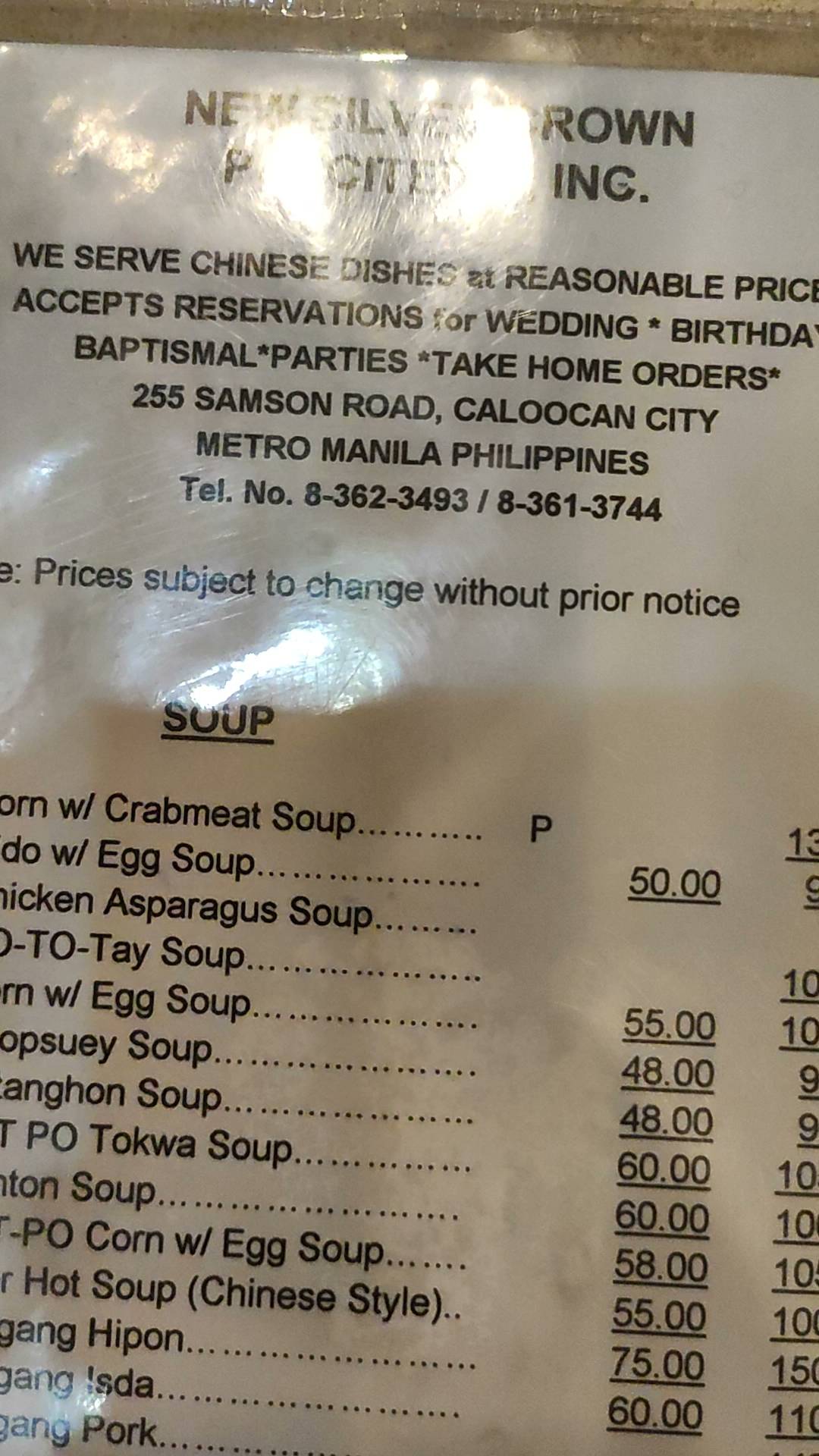 Menu at New Silver Crown Panciteria, Inc. restaurant, Caloocan