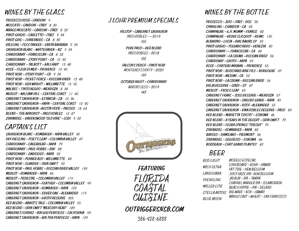 Menu at Outriggers Tiki Bar & Grille, New Smyrna Beach