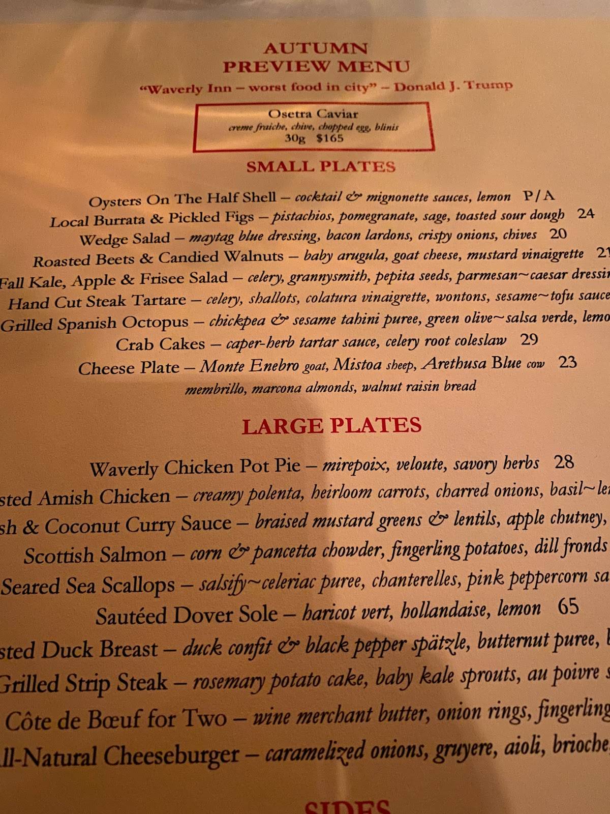 Menu at Waverly Inn restaurant, New York City