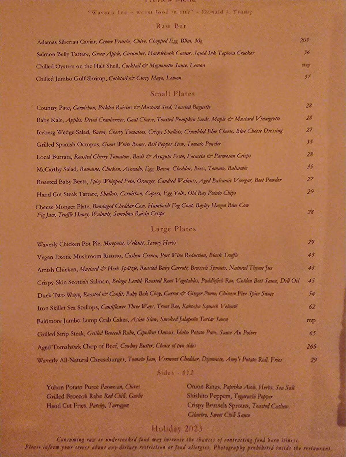 Menu at Waverly Inn restaurant, New York City