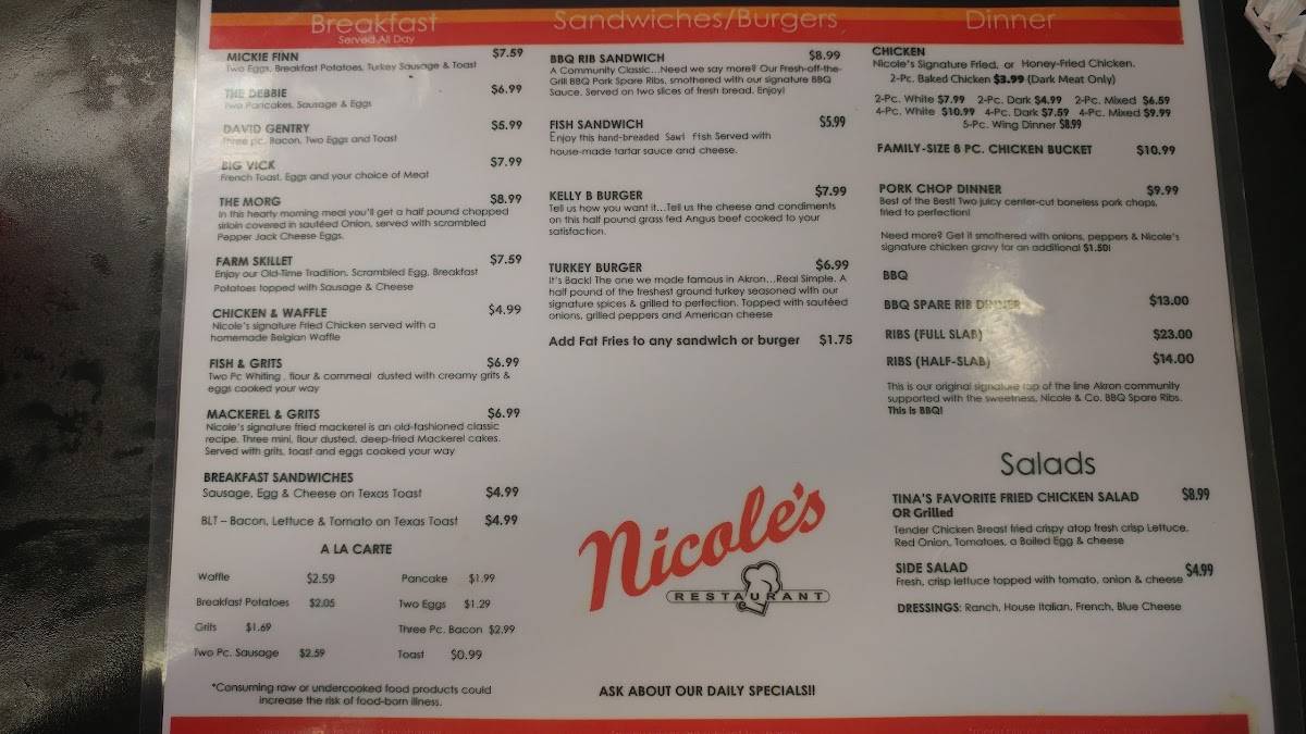 Menu at Nicole's Restaurant, Akron