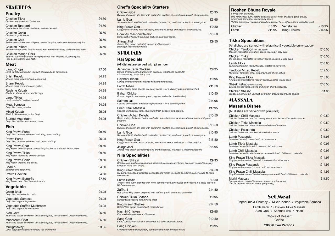 Menu at Nila restaurant, Rawtenstall