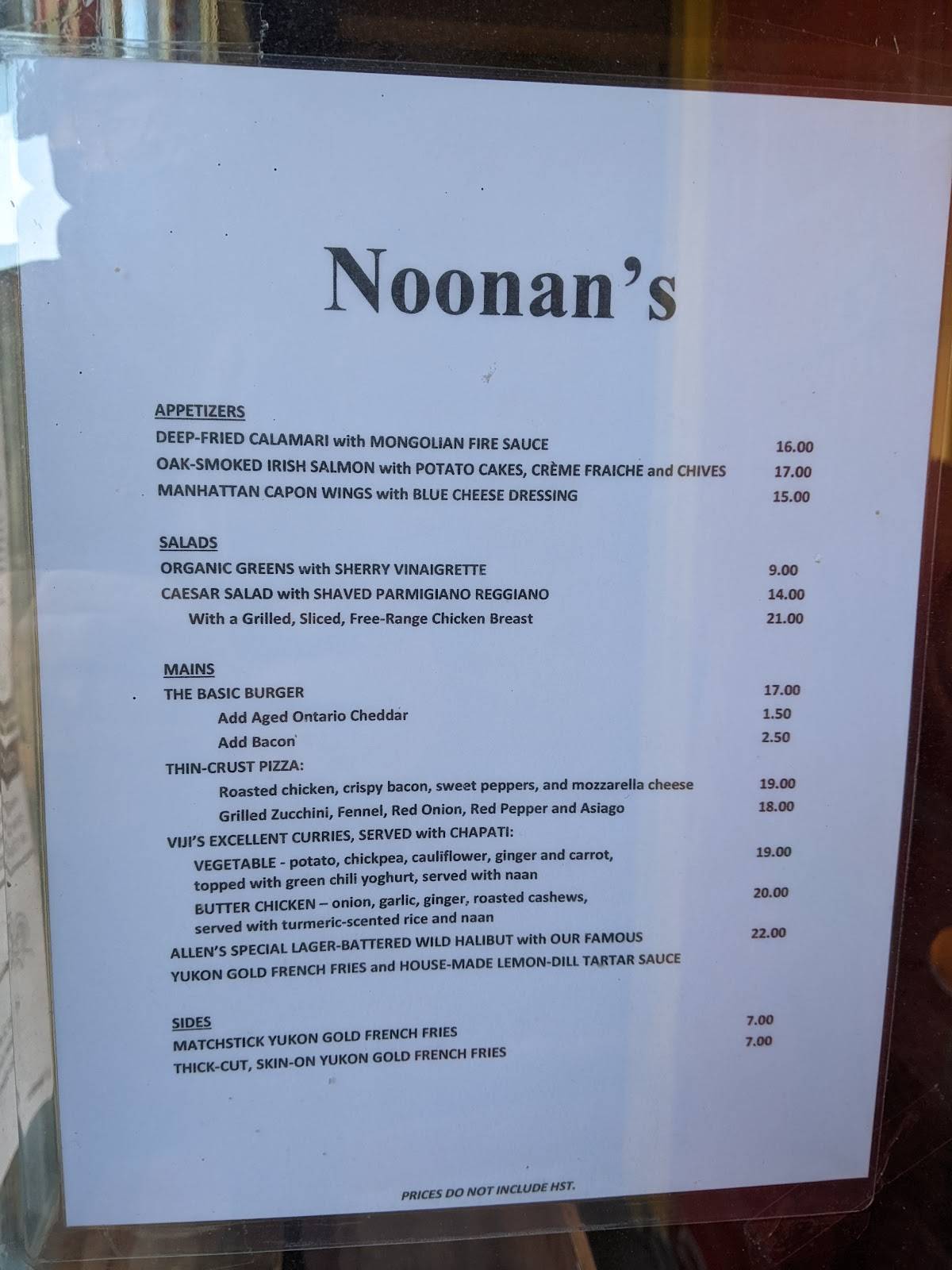 Menu au Noonan's pub et bar, Toronto
