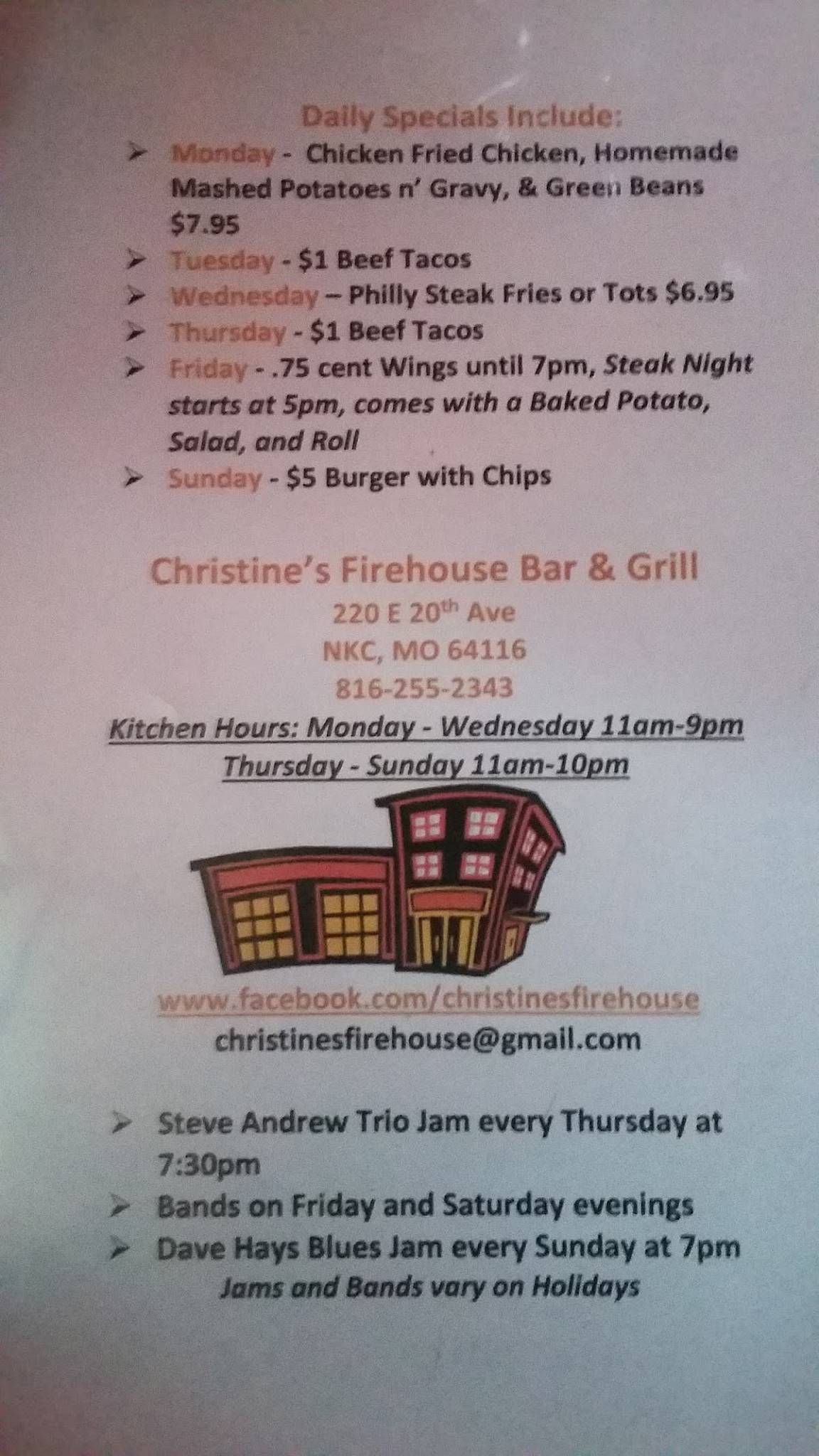 Menu at Christine's Firehouse pub & bar, North Kansas City