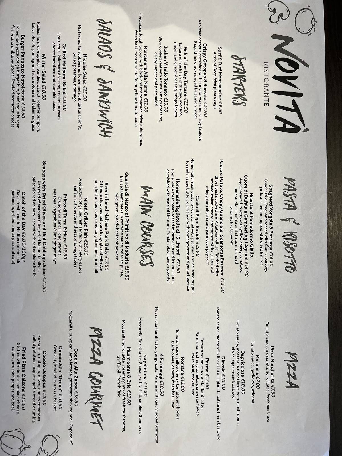 Menu at Novità restaurant, Senglea