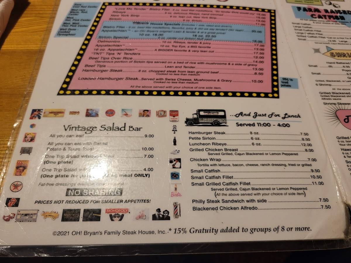 Menu at OH! Bryan's Family Steak House steakhouse, Hartselle
