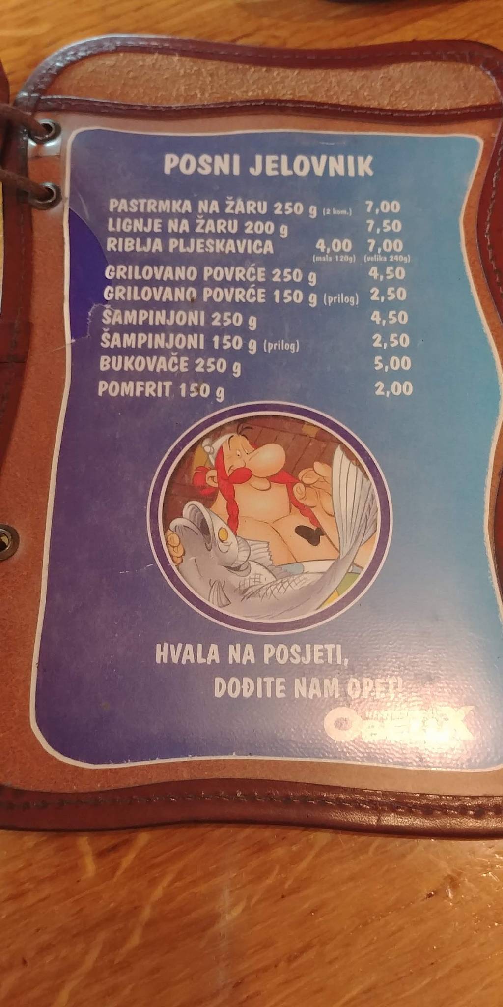 Menu at Obelix restaurant, Banja Luka